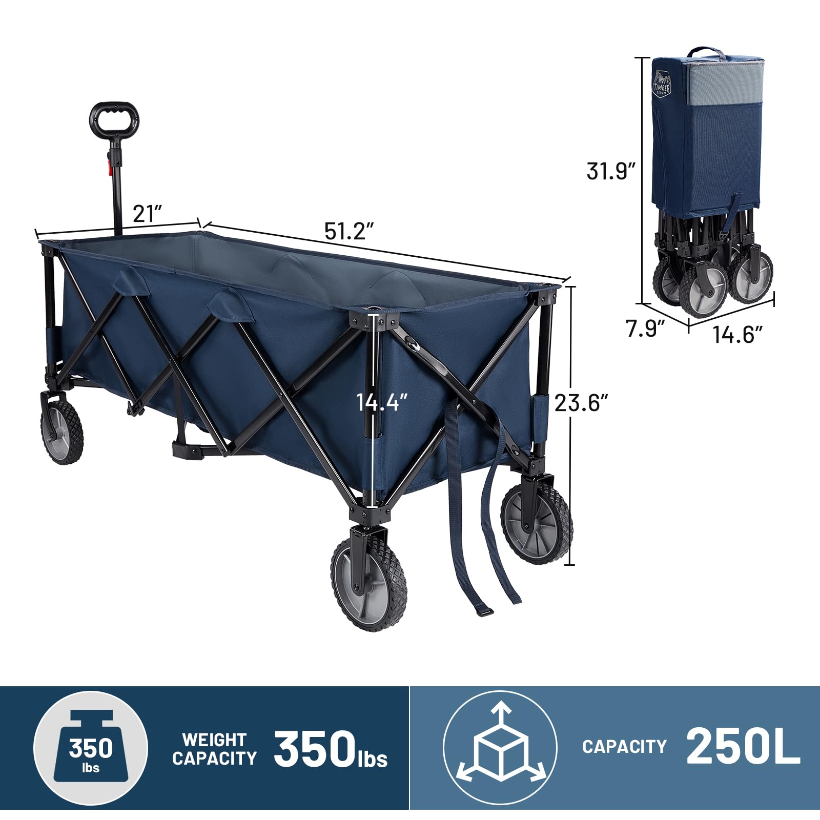 TIMBER RIDGE 51.2'' Extended Collapsible Wagon Cart with Cargo Net, 350LBS Heavy Duty Foldable Utility Wagon with Adjustable Handle, 250L Capacity Portable Cart for Camping Sports Shopping, Blue