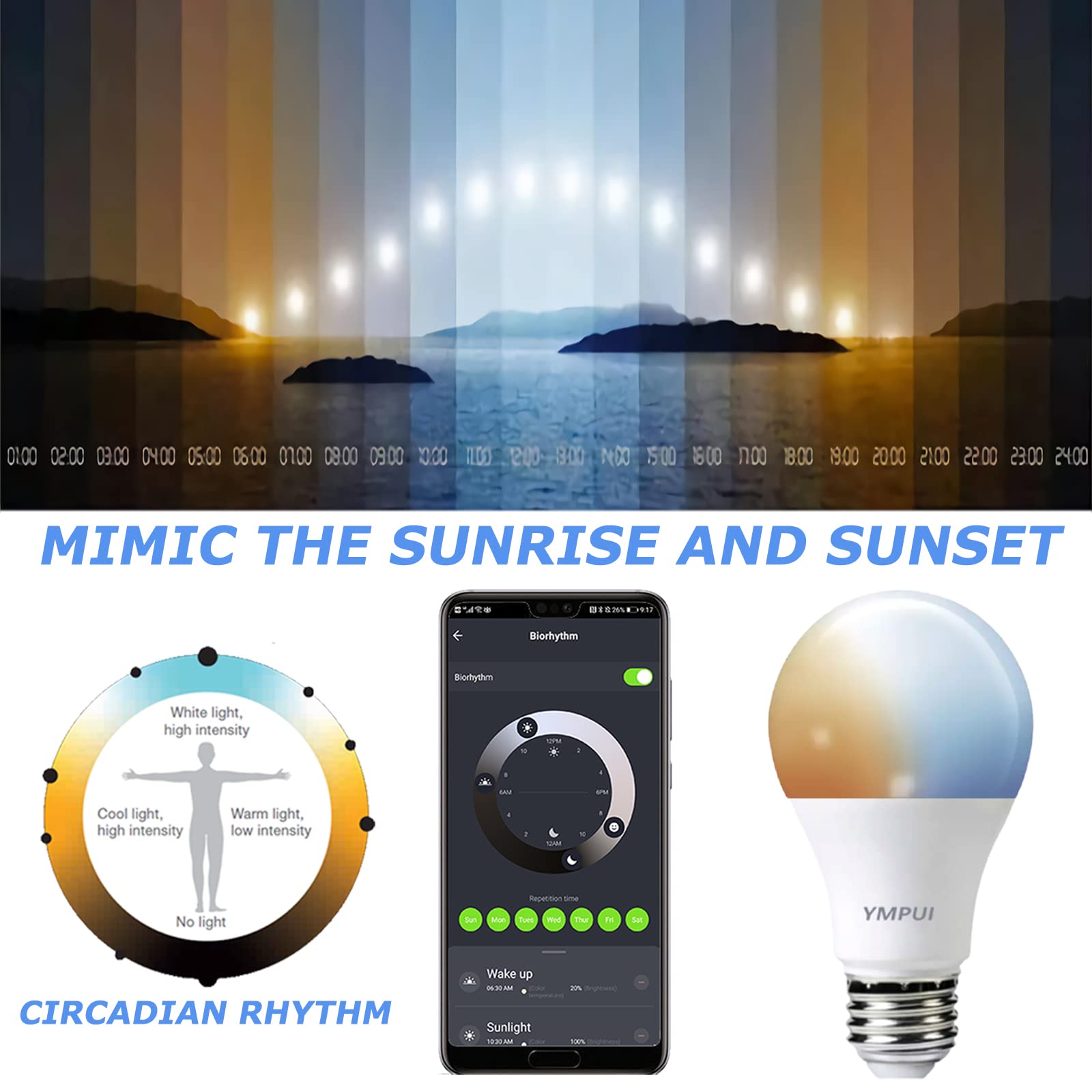 YMPUI Smart Light Bulbs, WiFi LED Bulbs, Music Sync, Color Changing, Sunrise and Sunset Lamp, A19 E26 9W RGBCW 800 Lumen, 60W Equivalent, Works with Alexa, Echo, Google Home No Hub Required 2 Pack