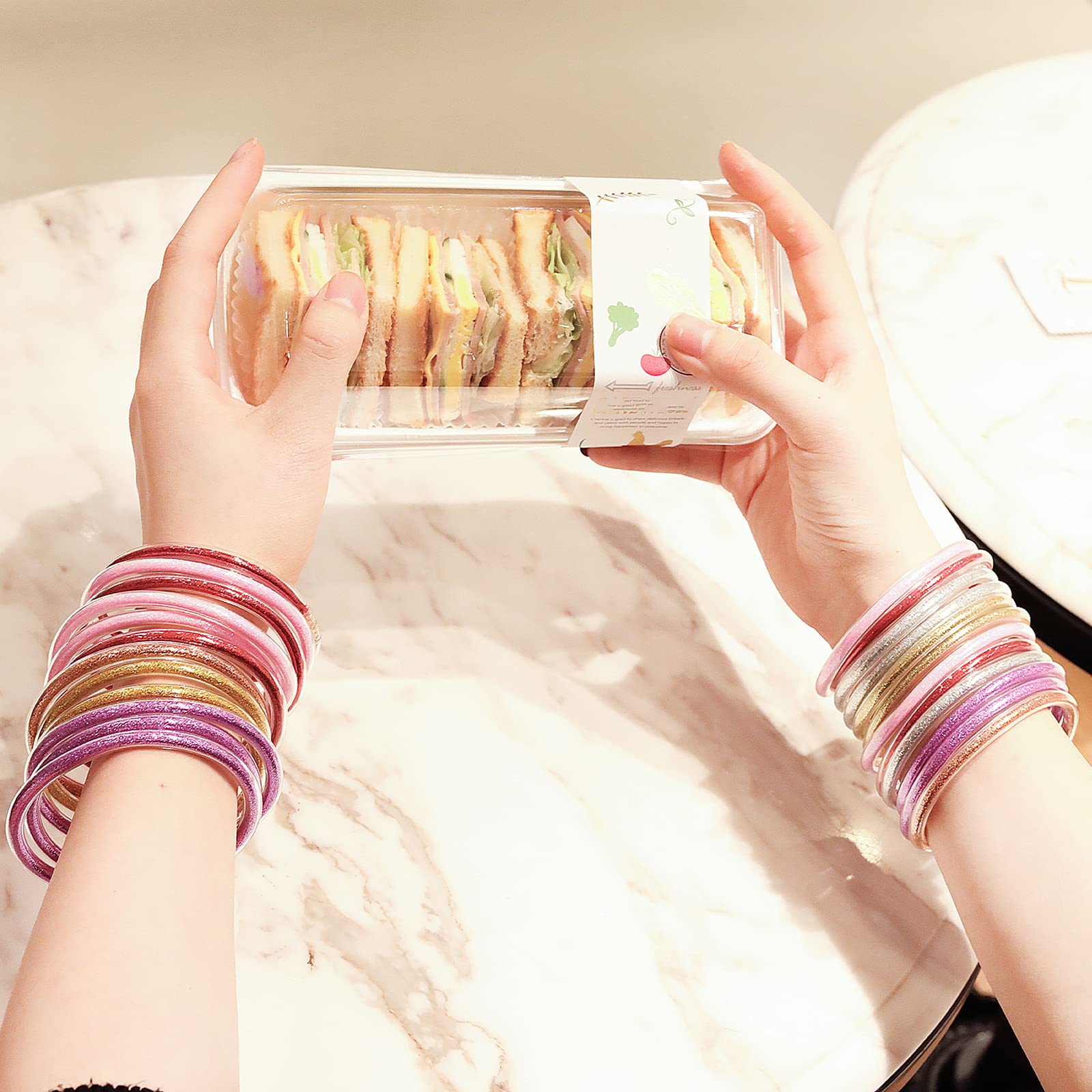 YBMYCM Glitter Jelly Bangles Bracelets Set for Women-Glitter Filled Jelly Silicone Bracelets