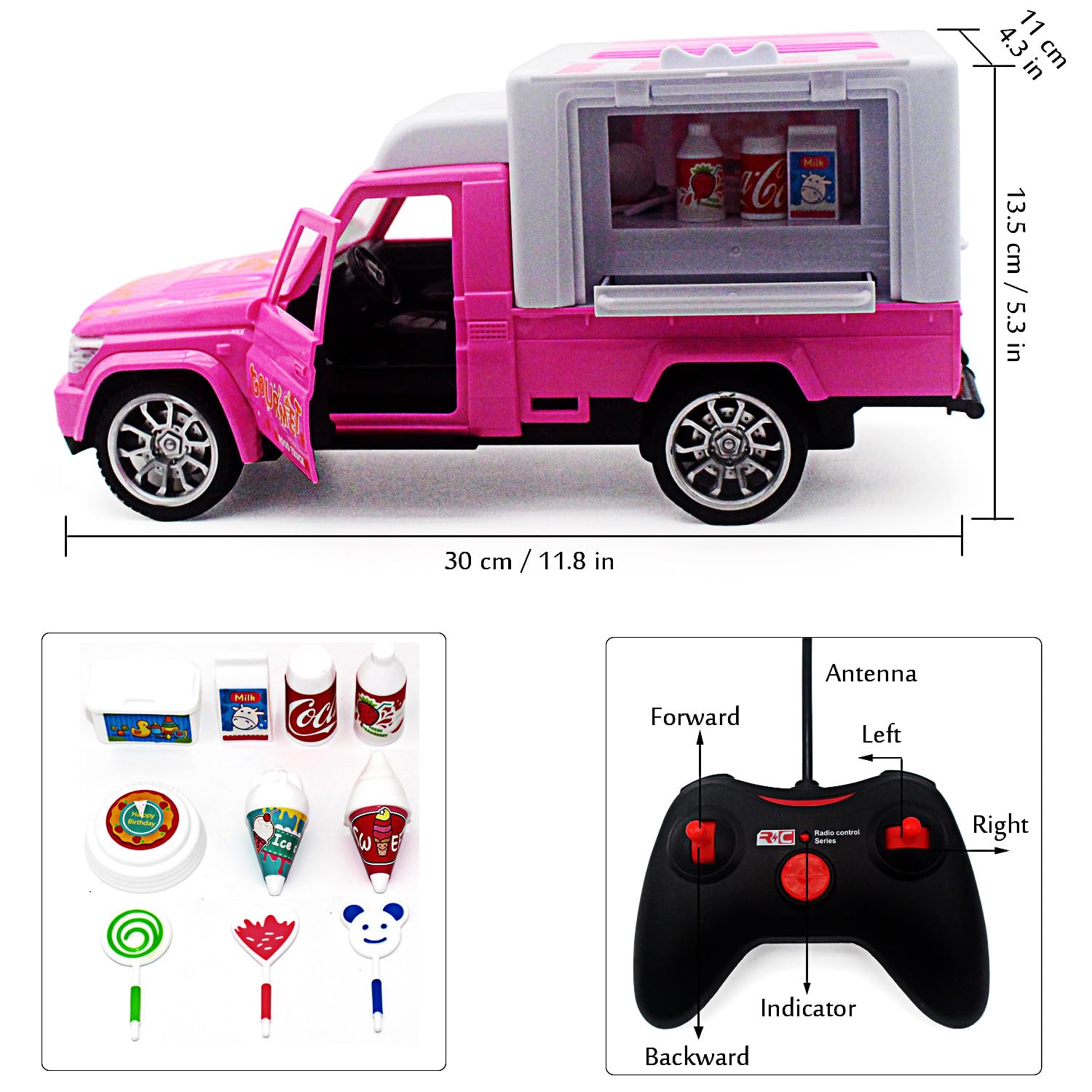 Tipmant Large Size RC Food Truck Remote Control Vehicle Electric Car Toy 4 Channels Light Sound Kids Birthday (Pink)