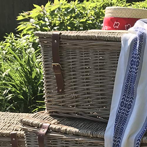 WHW Whole House Worlds Cape Cod Wicker Storage Trunks, Set of 3 Sizes, Faux Leather Straps and Handles, Hinged Tops