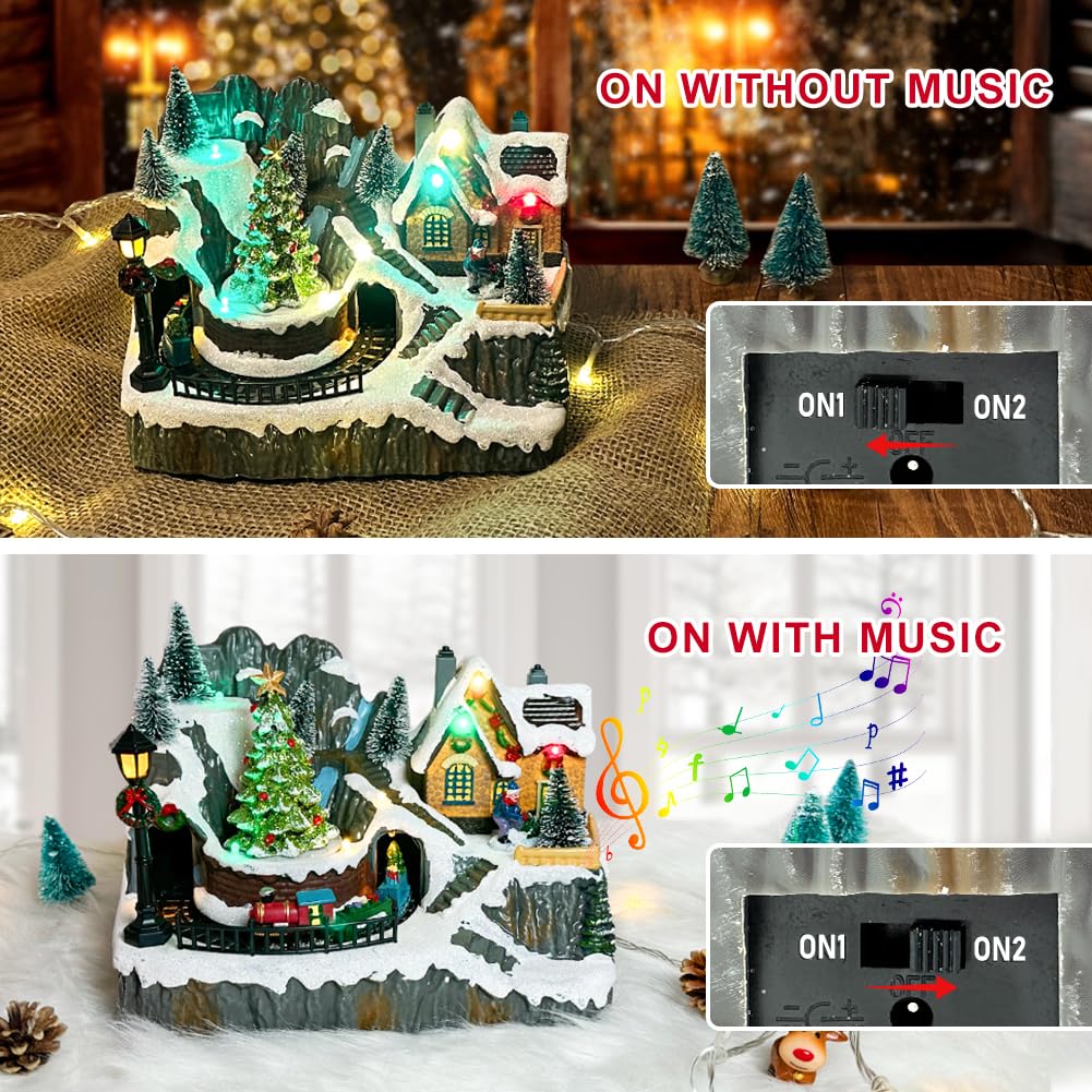 Tarocynn Christmas Village House Christmas Tree Figurine with Music and Light, Moving Tree and Train Christmas Display Indoor Decorations