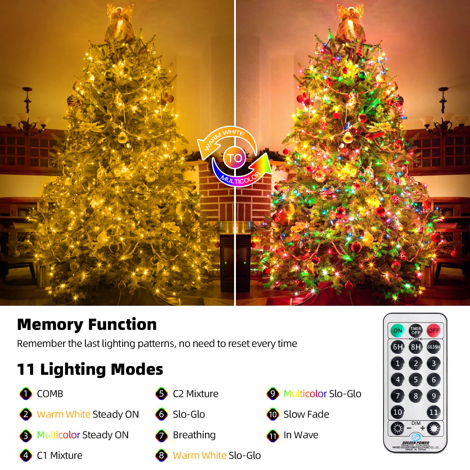 Tcamp 105ft 300 LED Christmas Tree Lights Outdoor Indoor String Lights End to End Plug Memory Function UL Certified 8 Modes Fairy Lights for Christmas Tree Party Wedding Holiday Decor (Warm White)