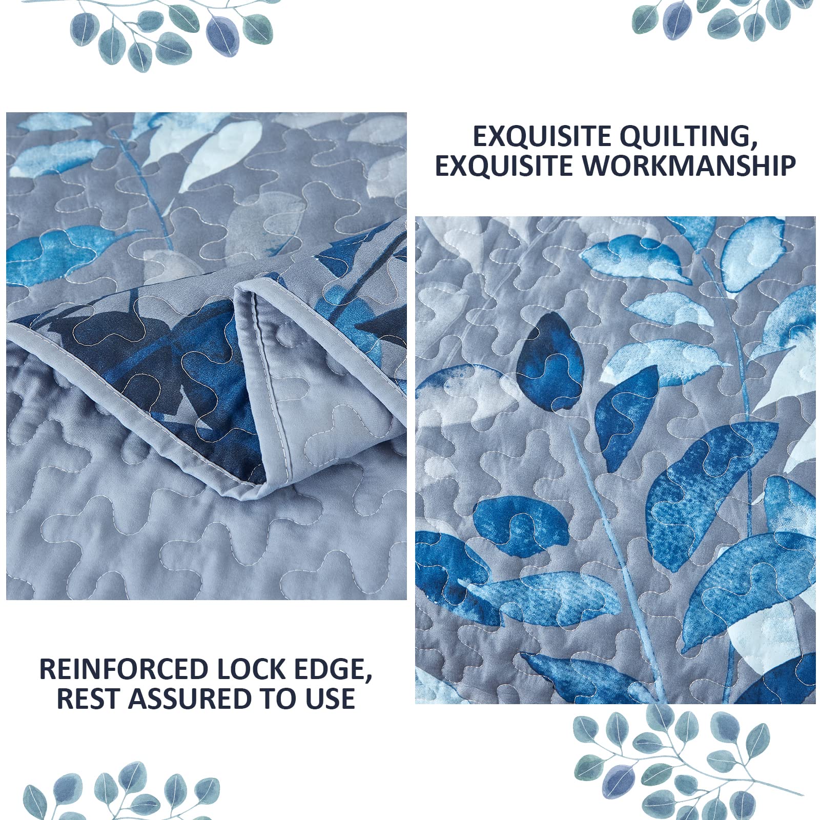 WONGS BEDDING Blue Floral Quilt Set California King, 3 Pieces Botancal Leaves Bedspread Coverlet Set with 2 Pillowcases for All Season, Soft Microfiber Floral Bedding Set 106"×96"