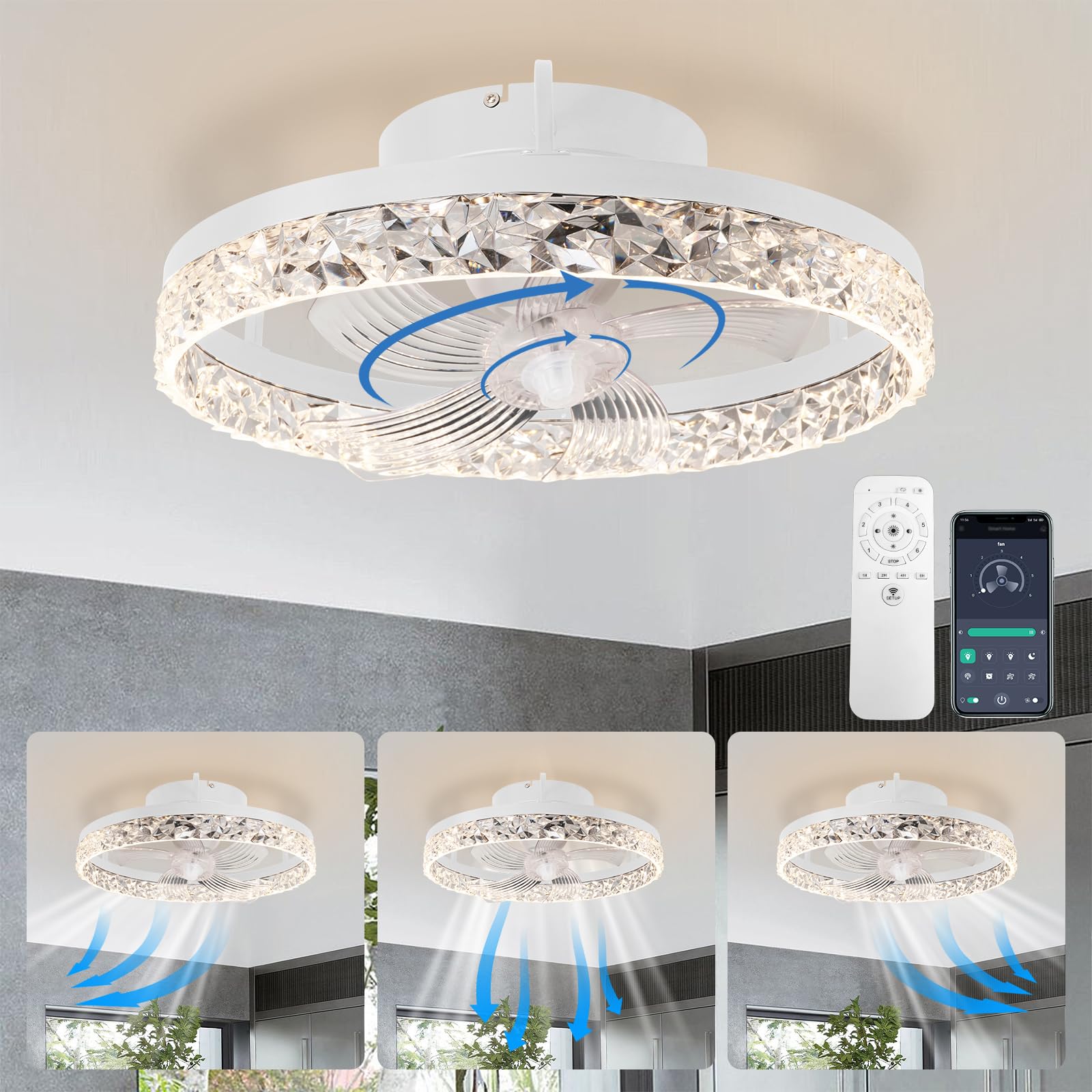 Tivleed Low Profile Ceiling Fan with Lights, 20" Semi Flush LED Fans Light, Remote & Smart APP Control, 360° Rotatable, Modern, 3 Colors Dimmable, for Bedroom Kitchen Living Room, White