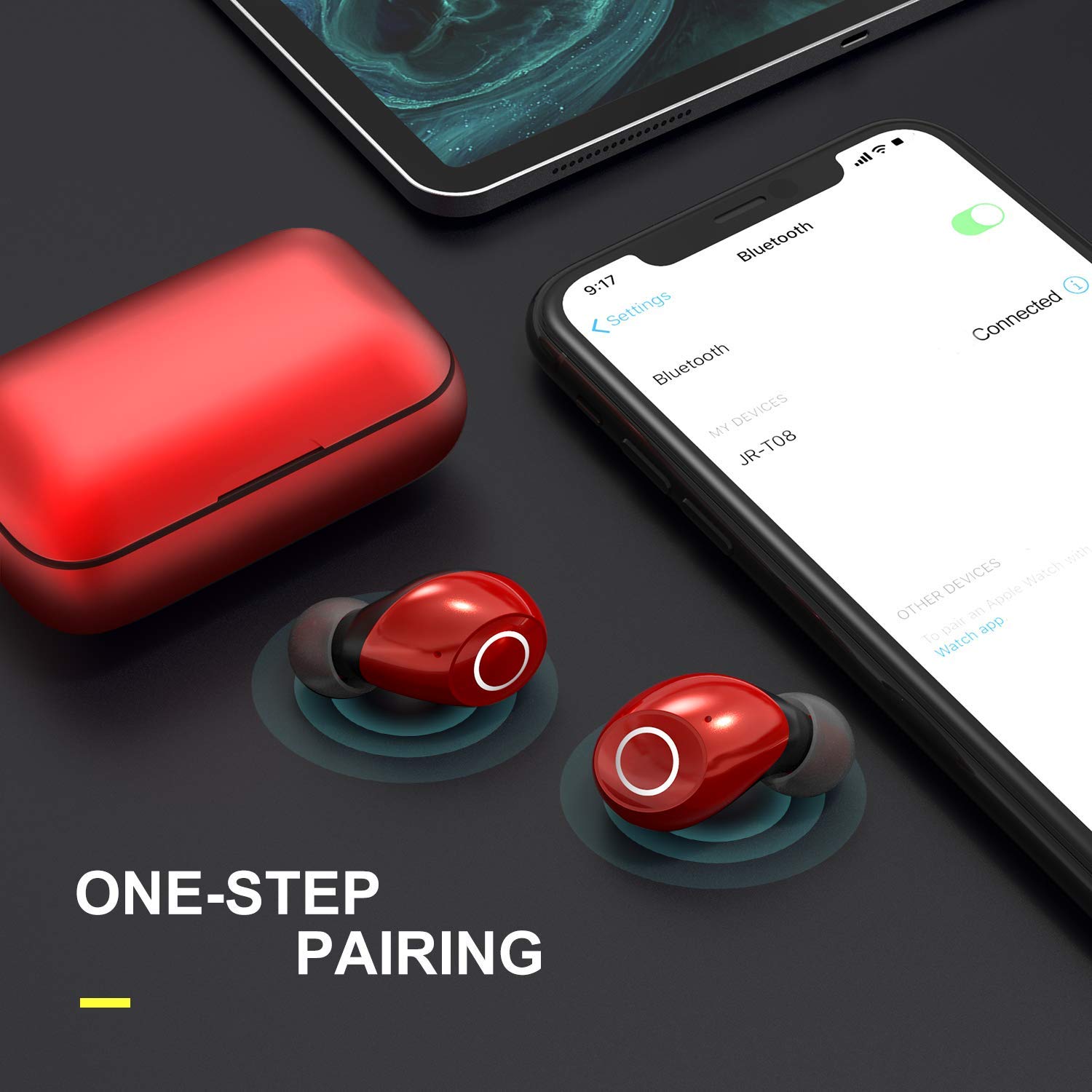 Wireless Earbuds, Torteco T08 Stylish Bluetooth 5.0 Headphones, in-Ear Stereo Wireless Earbuds with Touch Control & One-Step Pairing, IPX6 Water Proof for Running, Sports, Working, Red