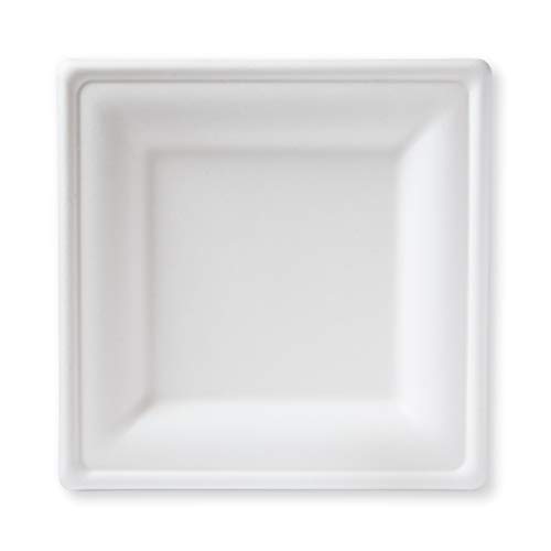 Susty Party 10-Inch Compostable Square Plates (50-Count), Sugarcane Heavy Duty Disposable Biodegradable Plate for Dinner, White