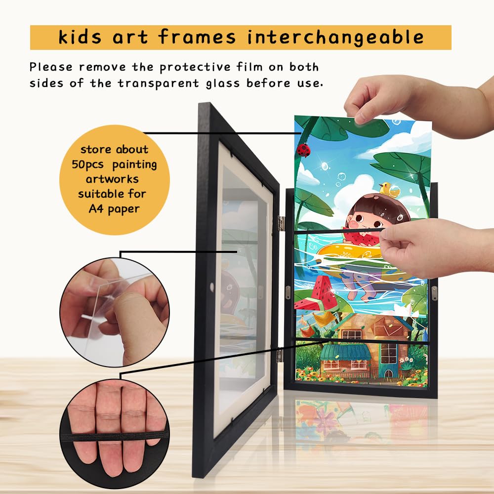 SEONHOKEEN 2 Pack Kids Art Frames, Kids Artwork Frames Changeable Front Opening Kids' Picture Frames for Kids Art Display (BLACK)