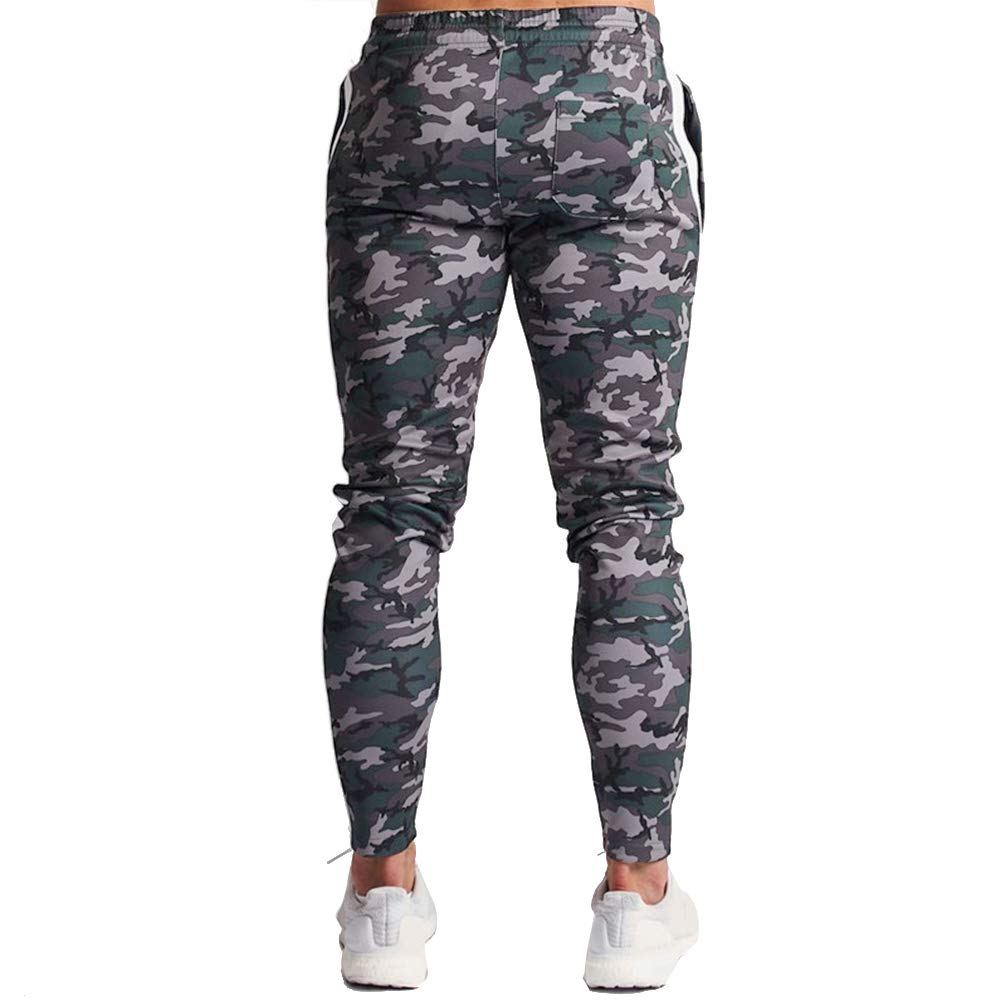 Wangdo Men's Zipper Pockets Camouflage Joggers Sweatpants for Casual Gym Workout Slim Sport Drawstring Long Pants (Green Camouflage,XL)