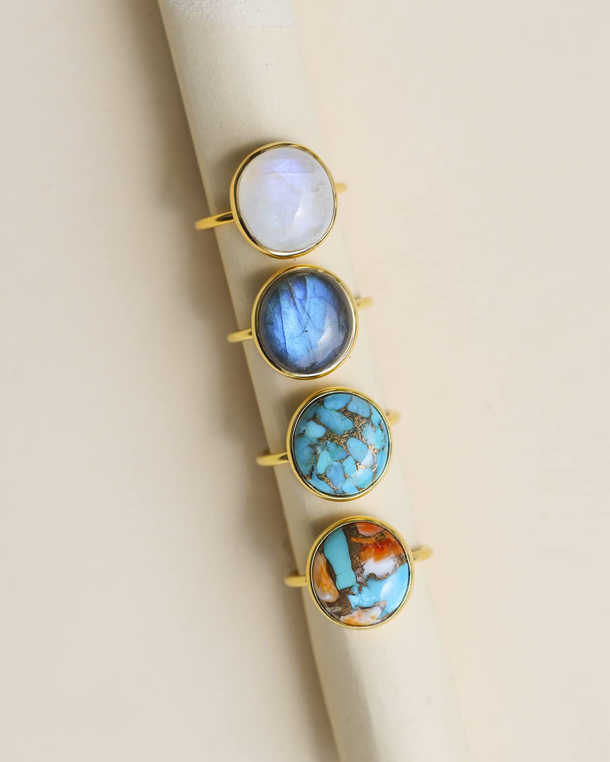 YoTreasure Rainbow Moonstone 925 Sterling Silver Gold Plated Solitaire Ring Jewelry