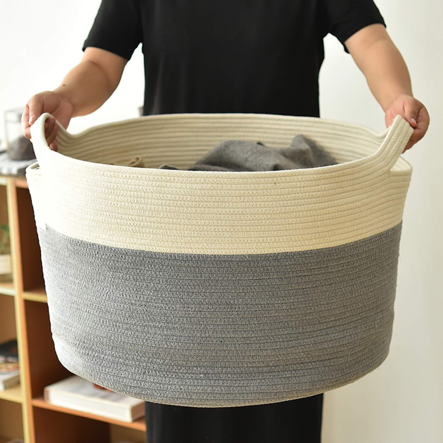 XXXLarge Cotton Rope Basket 22" x 14" Baby Laundry Basket for Blankets Toys Blanket Storage Basket Decorative Floor Basket Cushions Storage Bins Thread Laundry Hamper with Short Handle (Two Color)