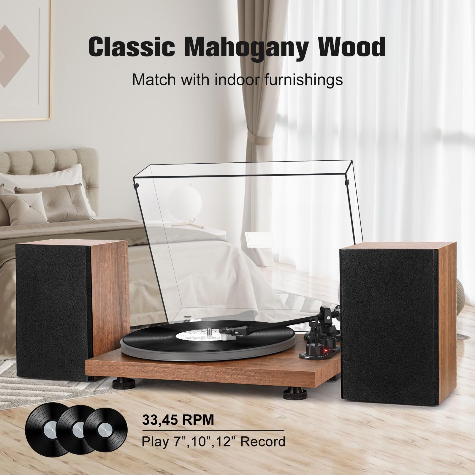 Vinyl Record Player with 40W Speakers and Bluetooth Output Input,Turntable with Built-in Preamp,AT-3600L Cartridge,USB Record,Pitch and Counterweight