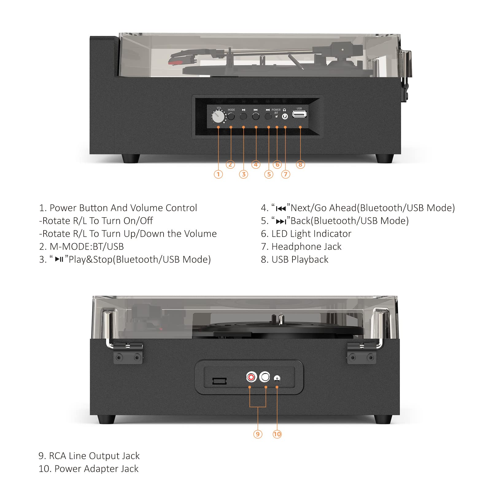 Vinyl Record Player Bluetooth with Built-in Speakers, 3 Speed Belt-Drive Turntable for Vinyl Records, Headphone Jack, RCA Line Out, Auto Stop