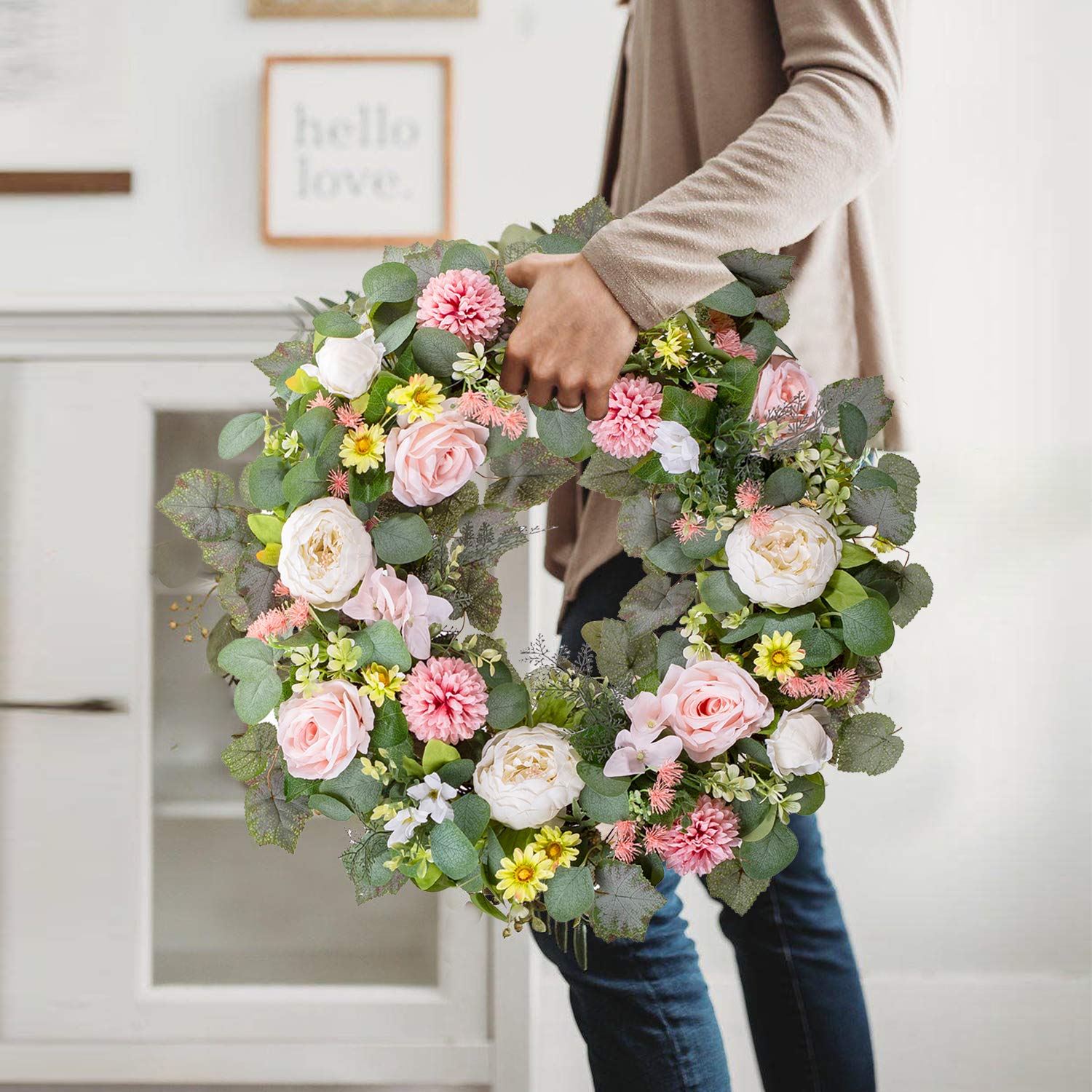 WANNA-CUL 24 Inch Large Spring Peony Flower Wreath for Front Door for Wedding,Pink Rose Floral Door Wreath with Rustic Grapevine Leaves,Bolocephalus Saussureoides for Wall