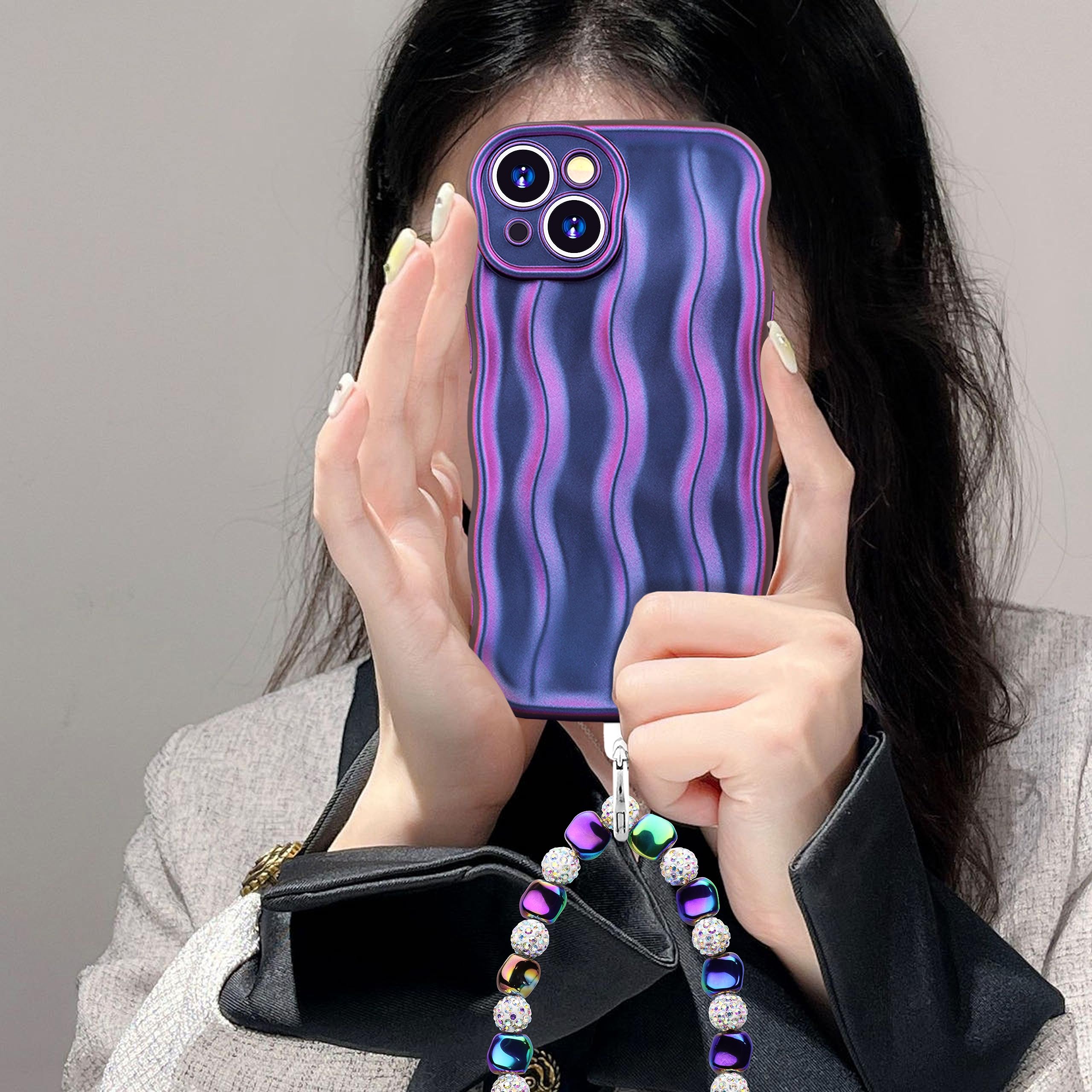 Ucharmbead Compatible with iPhone 14 Pro Phone Case with Phone Wrist Strap Cell Phone Chain Beaded Charms Lanyard Water Ripple Design Soft Cover for Women Purple