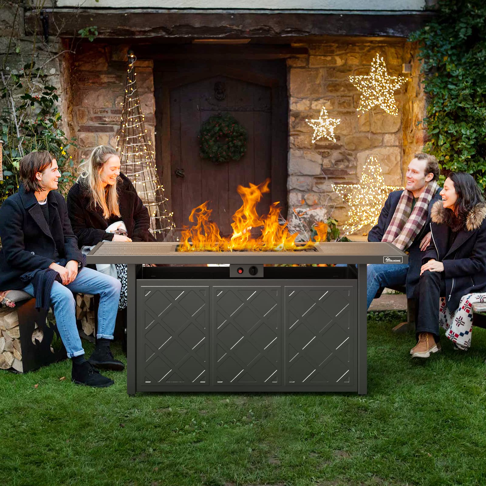 YITAHOME 57 Inch Propane Fire Pit Table, 50,000 BTU Gas Fire Pit with Ignition Systems, Iron Tabletop, Lava Rock, Cover, Lid Hanger, Rectangular Outdoor Firetable for Patio Garden Backyard (Black)