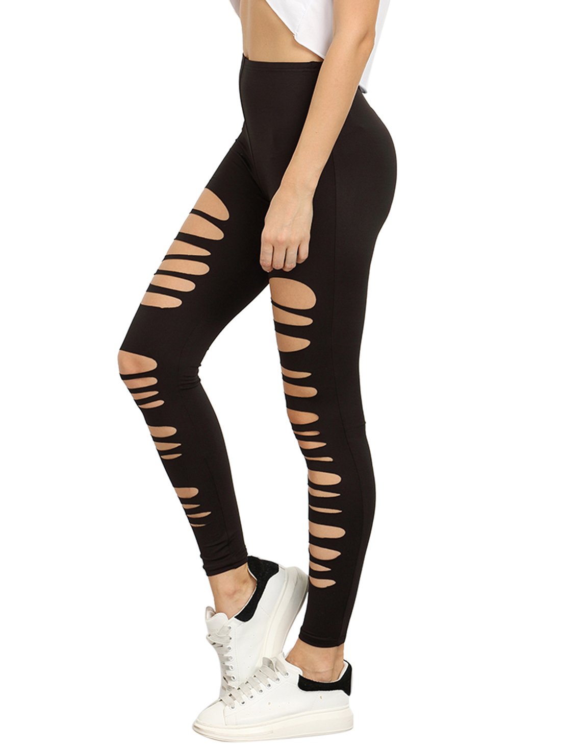SweatyRocks Leggings Women Cutout Skinny Tights Ripped Yoga workout Pants , Black , Medium