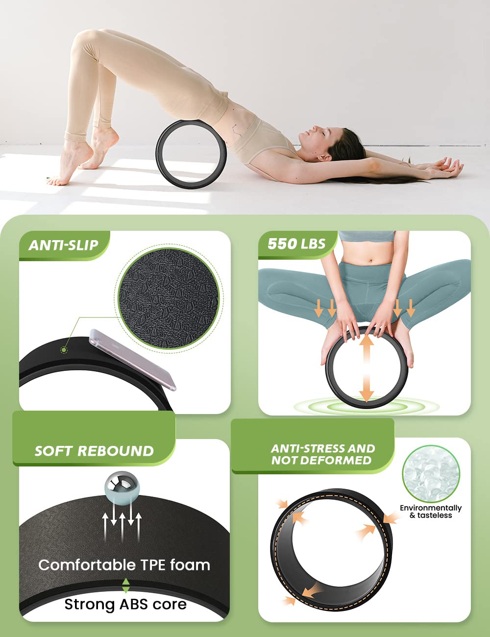 Yoga Wheel Set 9 in 1, Yoga Starter Kit for Beginner, Back Roller for Pain Relief & Deep Tissue Massage, Stretching, Improving Backbends, Size 13''