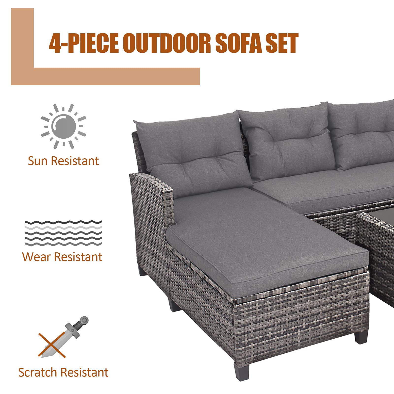 Tangkula 4 Pieces Rattan Conversation Set, Patiojoy Outdoor Furniture Set with Cushions, Lounge Sofa Set with Coffee Table, Patio Sectional Sofa Set for Patio Garden Poolside Backyard (Gray)