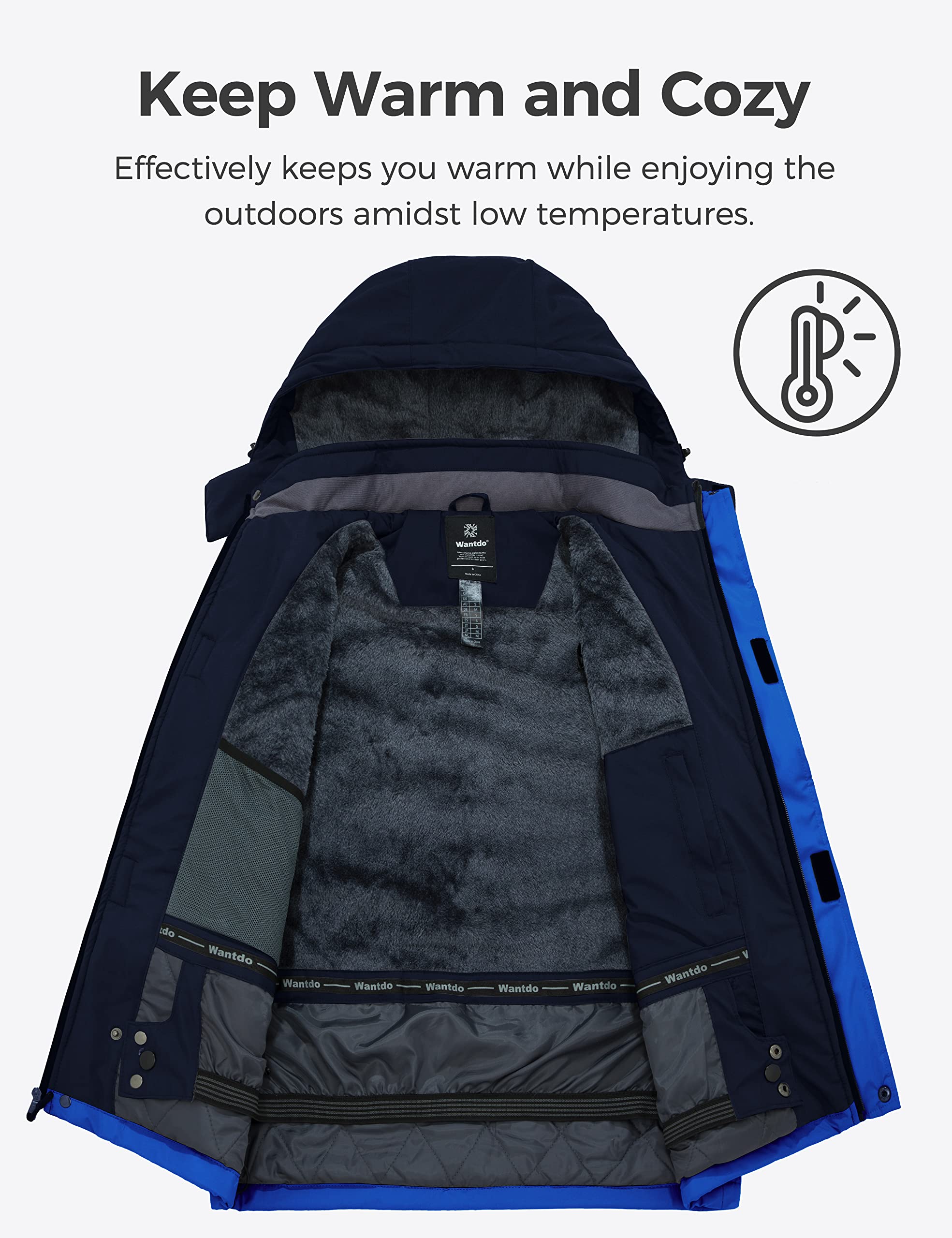 wantdo Men's Ski Jacket Snow Coat Hooded Fleece Lined Quilted Winter Outerwear Black 2XL