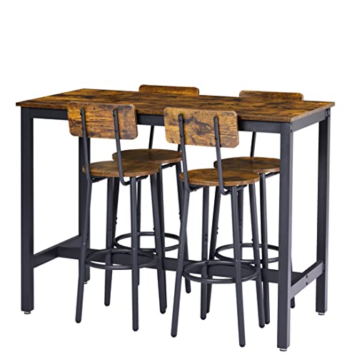 Tiophome PU Soft Seat with Backrest and Footrest,Modern Armless Kitchen Island Stool with Upholstered Cushion for Dining Room,Easy to Assemble,Rustic Brown, 5-Piece Bar Table Set for 4