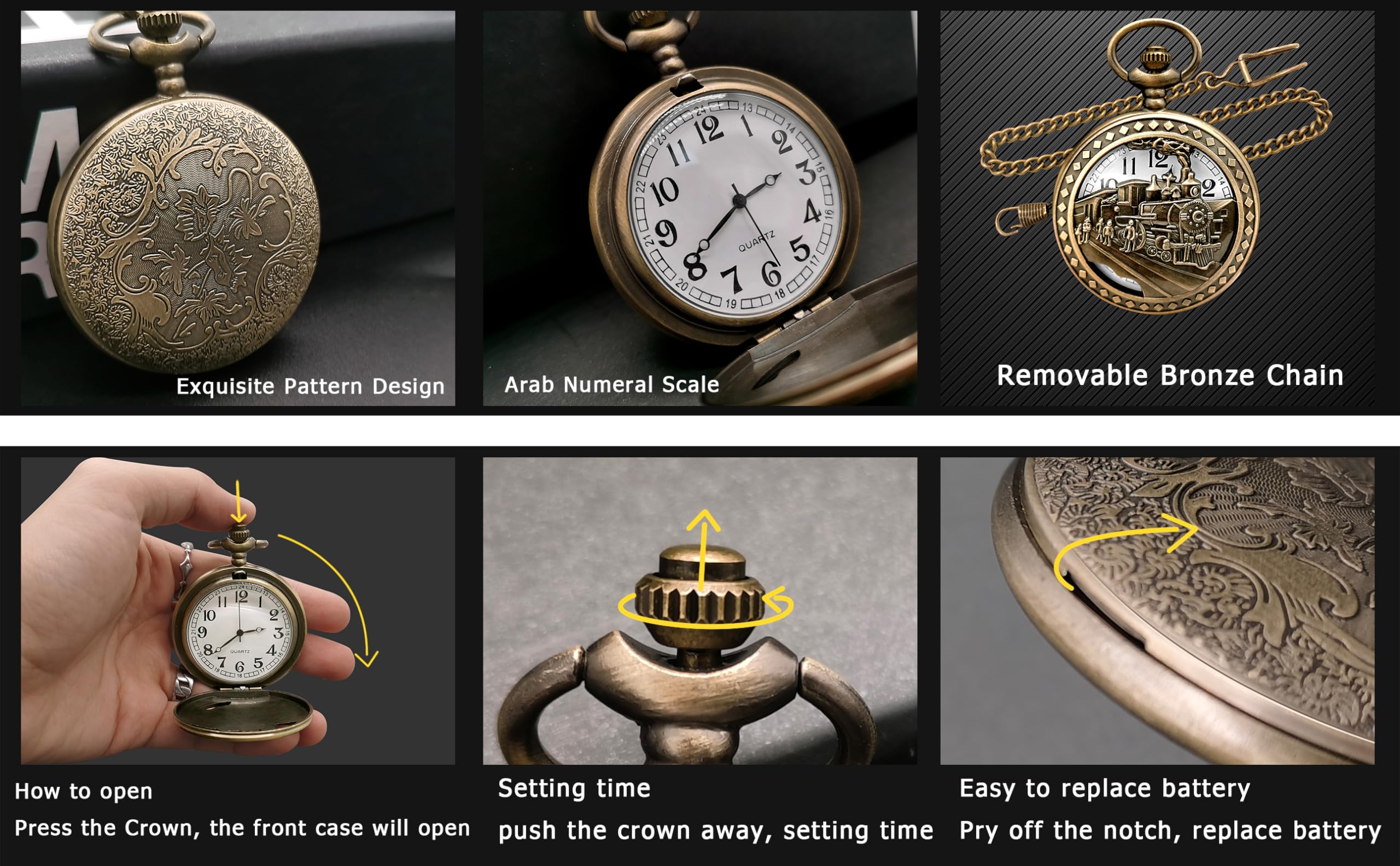 Top Fashion Watches Vintage Bronze Steam Train Mens Quartz Gift Pocket Watch with Chain