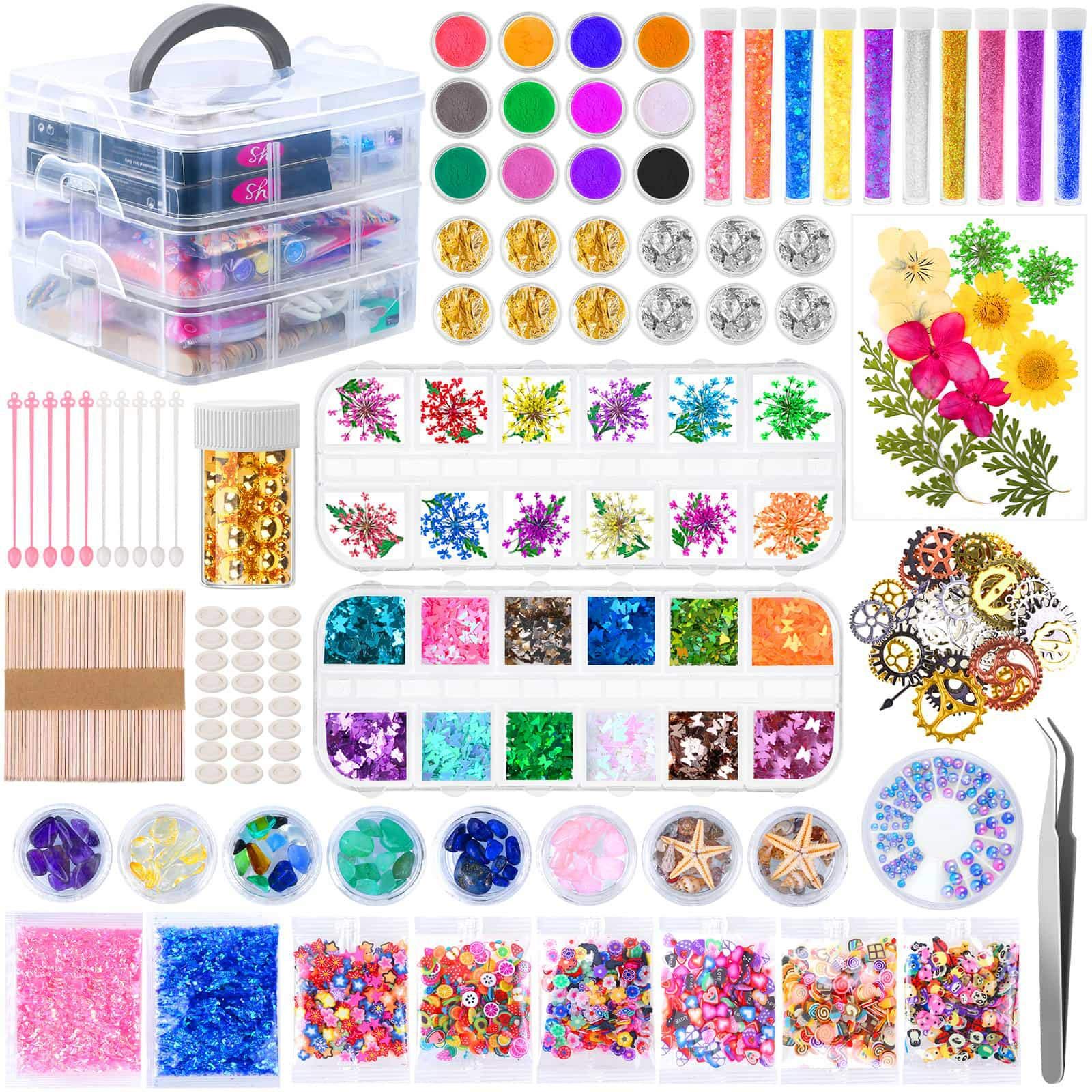 Thrilez Resin Decoration Accessories Kit, Jewelry Making Supplies with Dried Flowers, Glitter Sequin, Mica Powder, Foil Flakes and Epoxy Fillers for Crafts Beginners