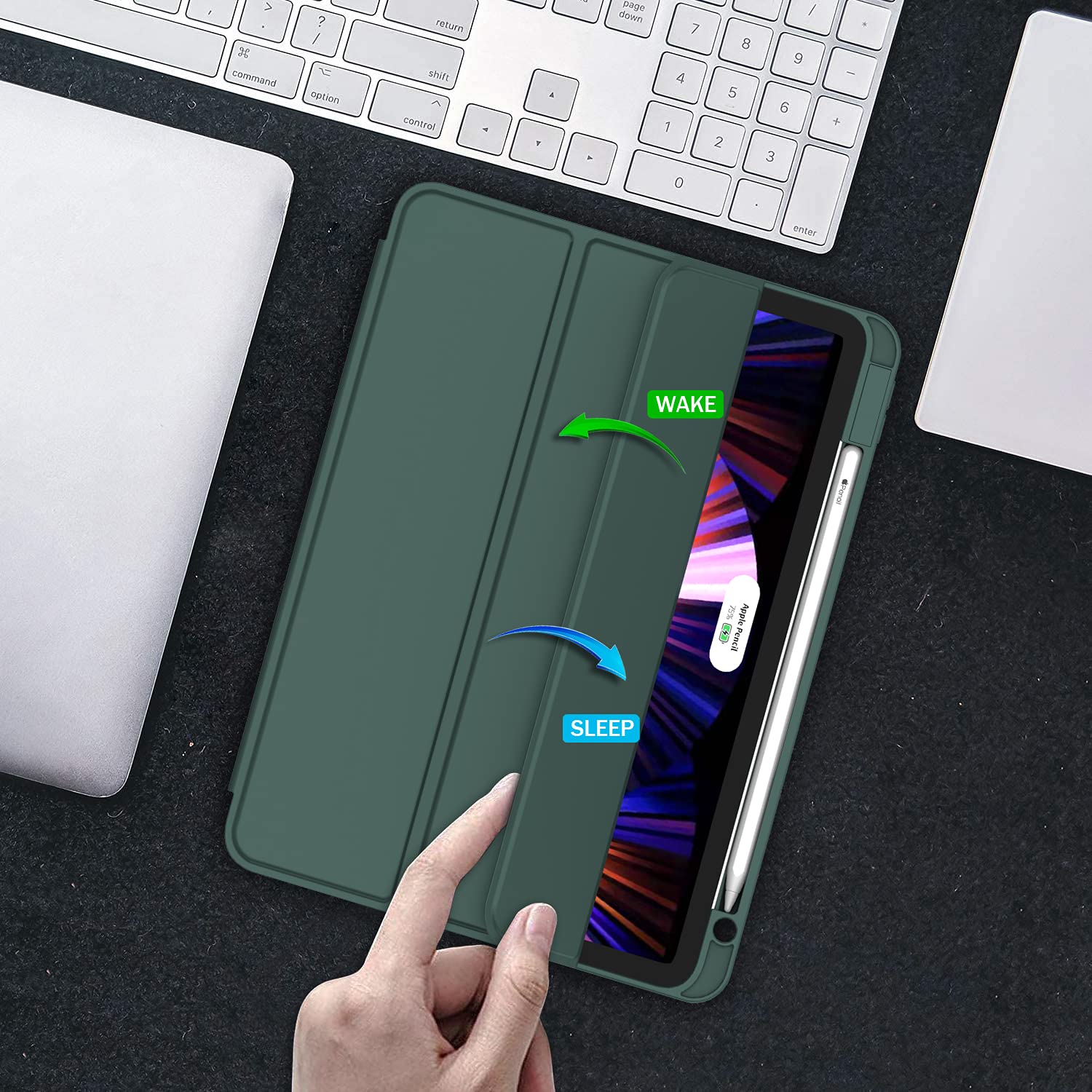 ZryXal New iPad Pro 11 Inch Case 2022(4th Gen)/2021(3rd Gen)/2020(2nd Gen) with Pencil Holder, Smart iPad Case [Support Touch ID and Auto Wake/Sleep] with Auto 2nd Gen Pencil Charging (Midnight Green)