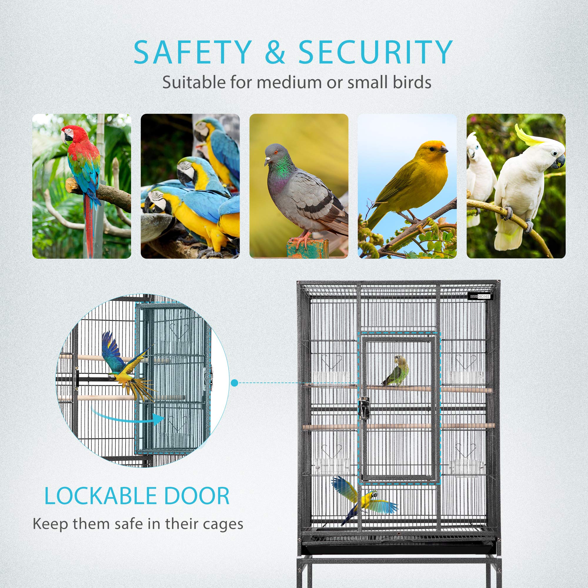 VIVOHOME 54 Inch Wrought Iron Large Bird Flight Cage with Rolling Stand for Parakeets Canaries Cockatiels Lovebirds Conures, Black