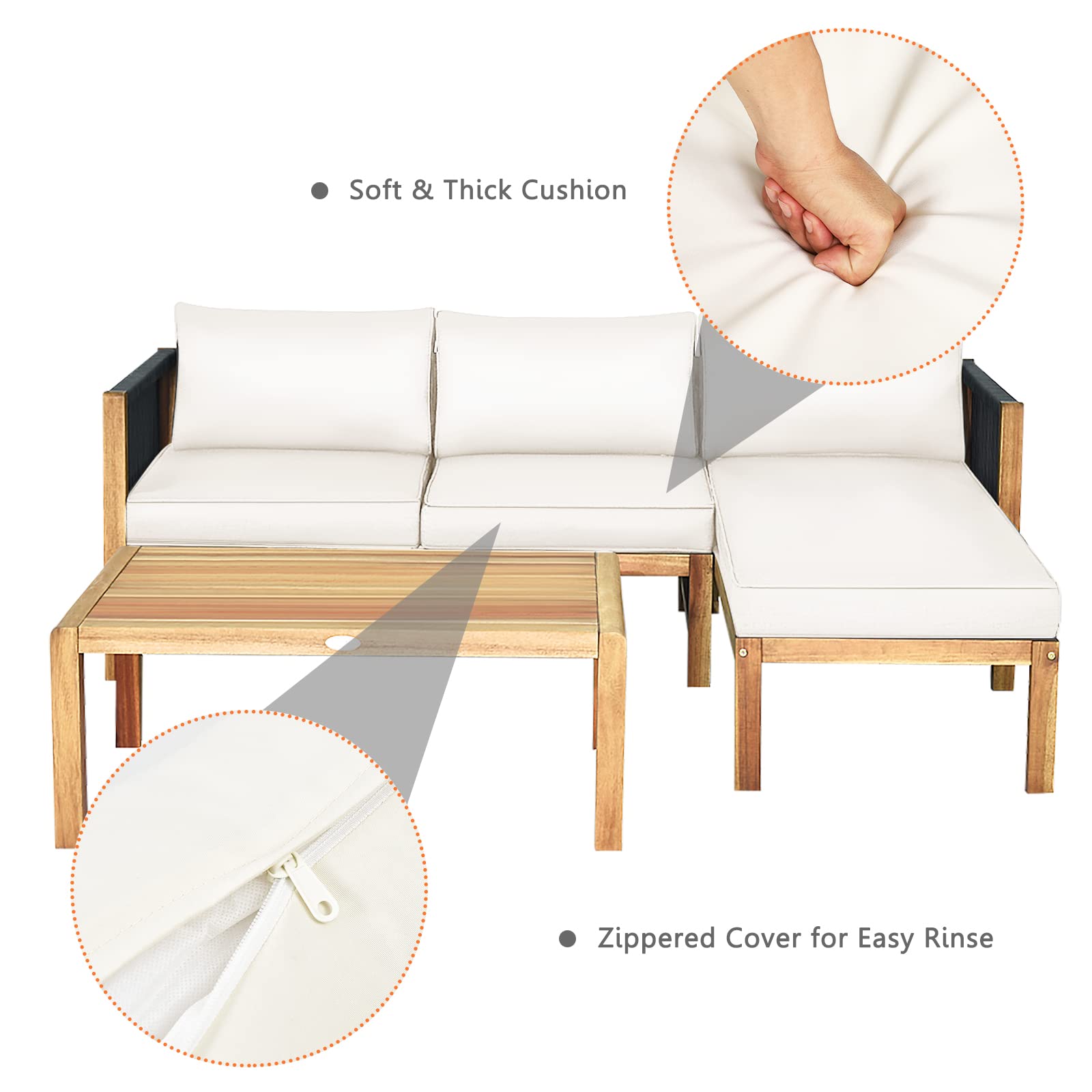 Tangkula L Shape Outdoor Furniture Set, 3 Piece Acacia Wood Patio Conversation Set, with 2 loveseats and Coffee Table, Garden Backyard Poolside Patio Seating Set (White)