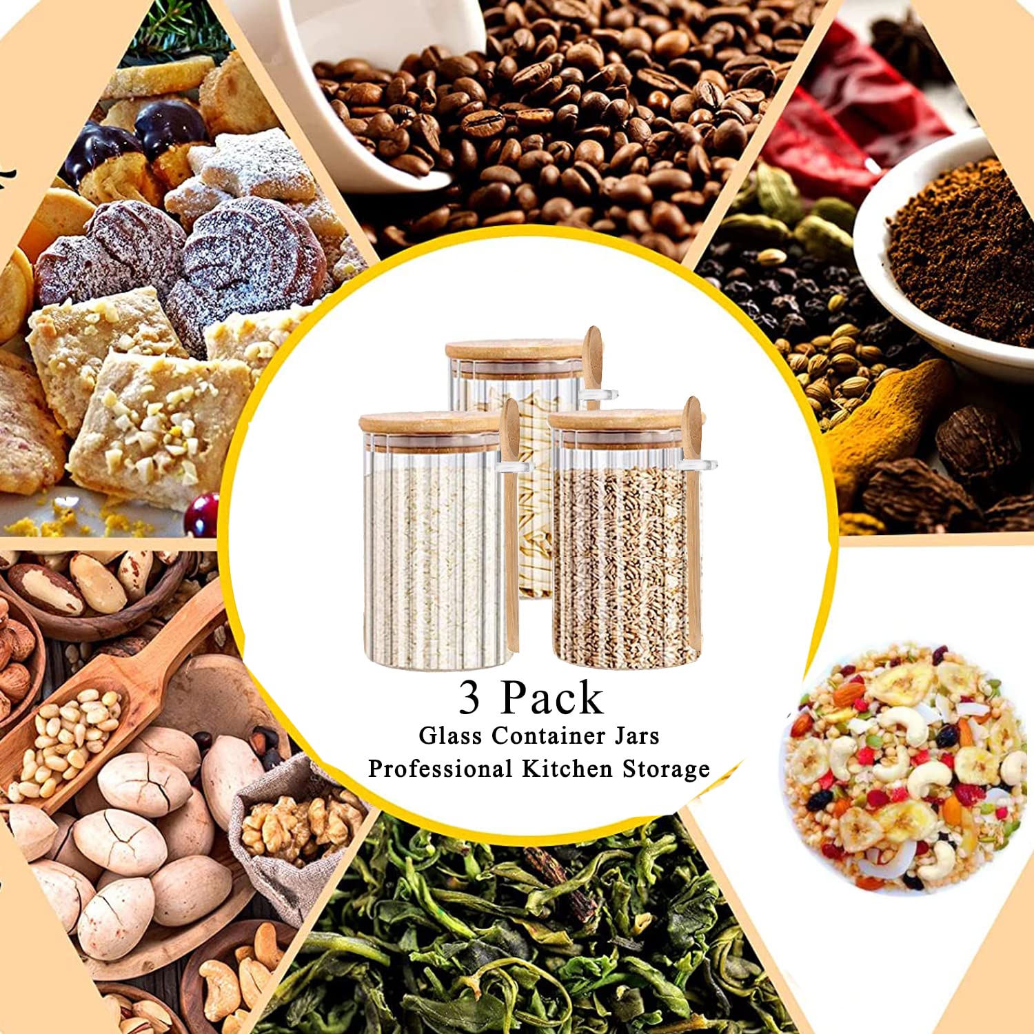Steviieden 25 FL OZ Large Airtight Glass Jars with Bamboo Spoons Lids Overnight Oats Container Decorative Coffee Bar Food Storage Jar Cereal Nuts Salts Coffee Tea Flour Sugar Container Spice Jars