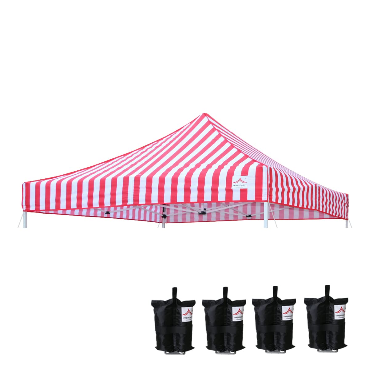 UNIQUECANOPY 10'x10' Pop Up Canopy Tent Replacement Top Only, 4 Canopy Sand Bags, 10x10 FT Red White Strip