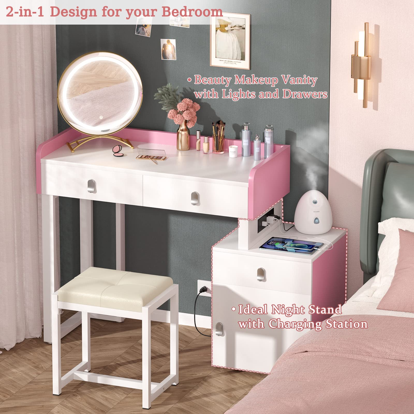 Vanity Desk with Lighted Mirror & Power Outlets, 44'' Makeup Vanity Set with Lights & 3 Drawers, Vanity Mirror with Lights Desk & Chair, Dressing Table with Reversible Cabinet & Stool, White & Pink