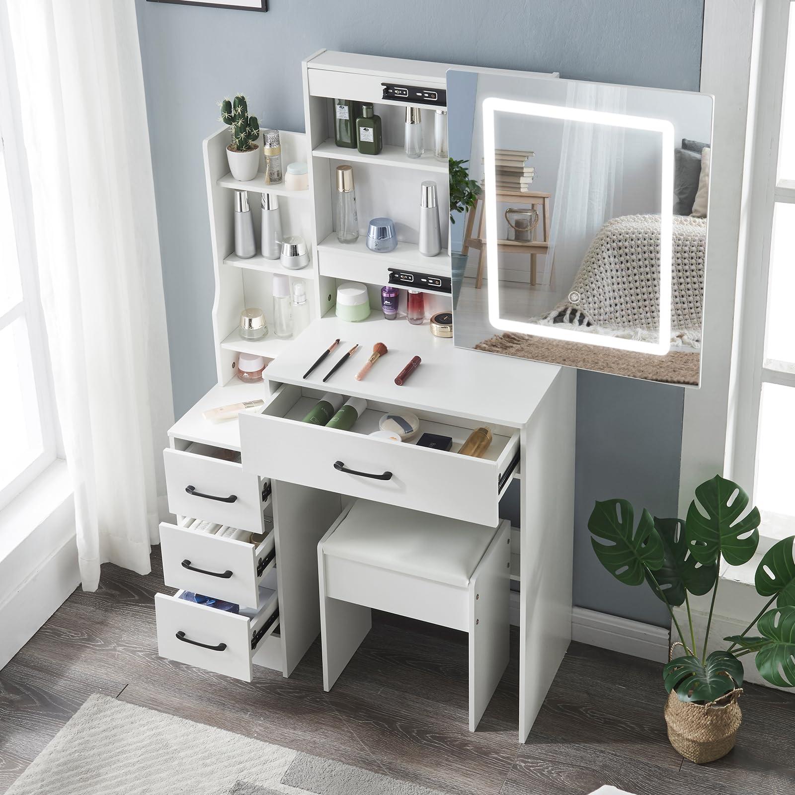 Vanity Desk with Mirror and Light, Large Makeup Vanity with 4 Drawers, Modern Vanity Set with Stool & Shelves, Vanity Dressing Table for Girls Women Bedroom