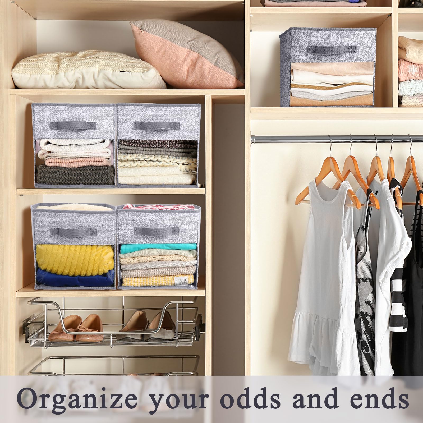 Tenceur 12 Pcs Foldable Fabric Storage Cubes 10.43 Inch Storage Bins with 2 Durable Handles and Clear Window Collapsible Organization Basket Large Capacity Drawer for Shelf Bookcase Bedroom Cloth Toys