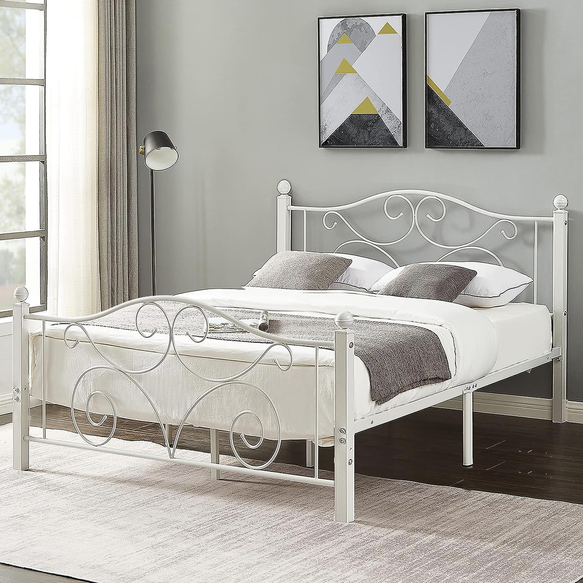 VECELO Queen Size Bed Frame with Headboard and Footboard, Heavy Duty Metal Slat Support, Platform Mattress Foundation, No Box Spring Needed, Easy Assembly, White