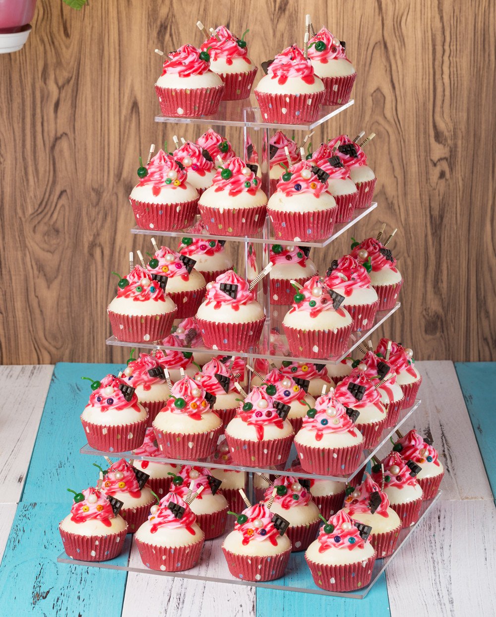 YestBuy 5 Tier Square Acrylic Cupcake Tree Tower Display Stand Display for Pastry Wedding Birthday Party (4" between 2 layers)