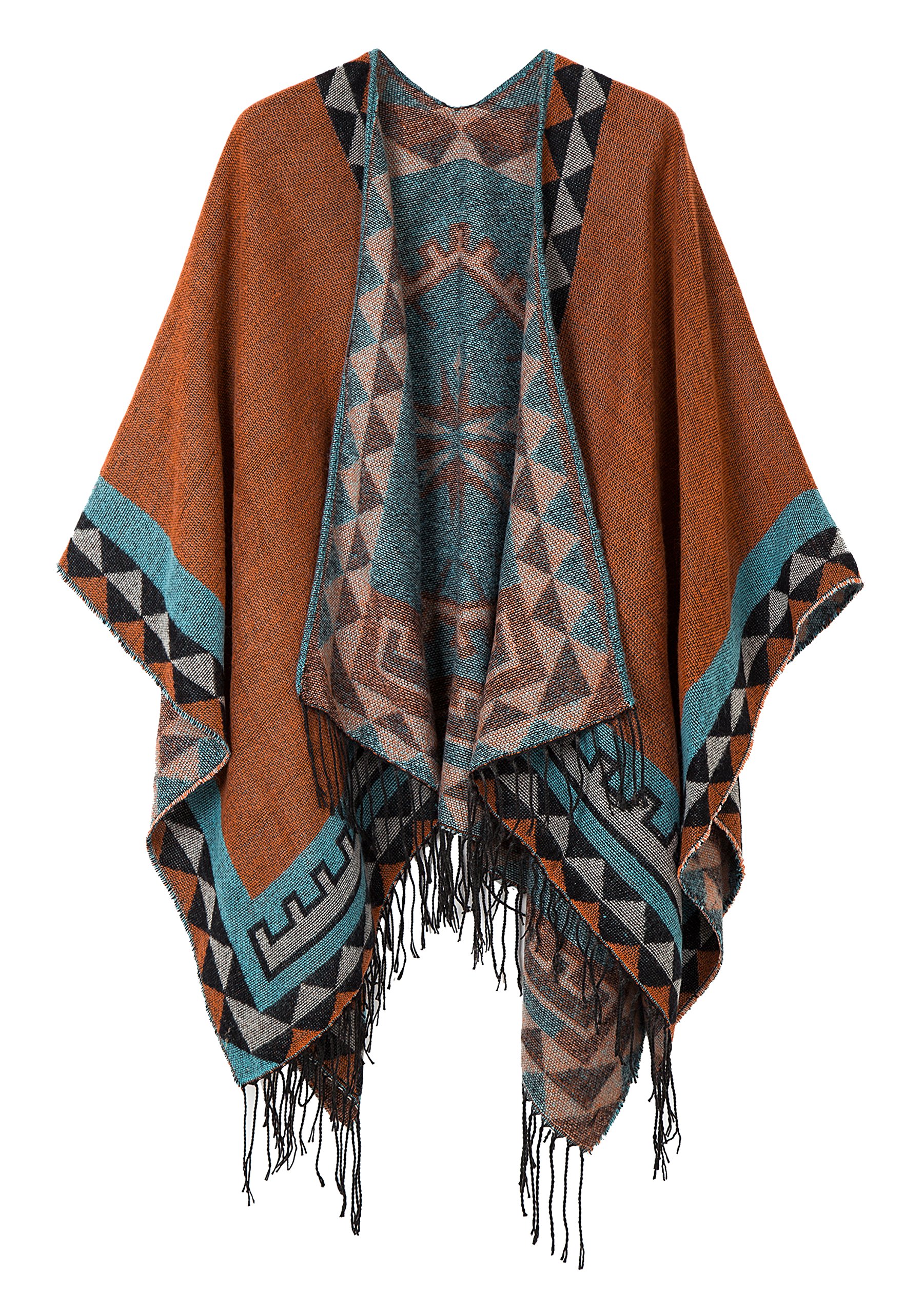 Women's Warm Shawls Wraps Open Front Cardigan Vintage Pattern Poncho Cape Sweater Coat (5 Orange)