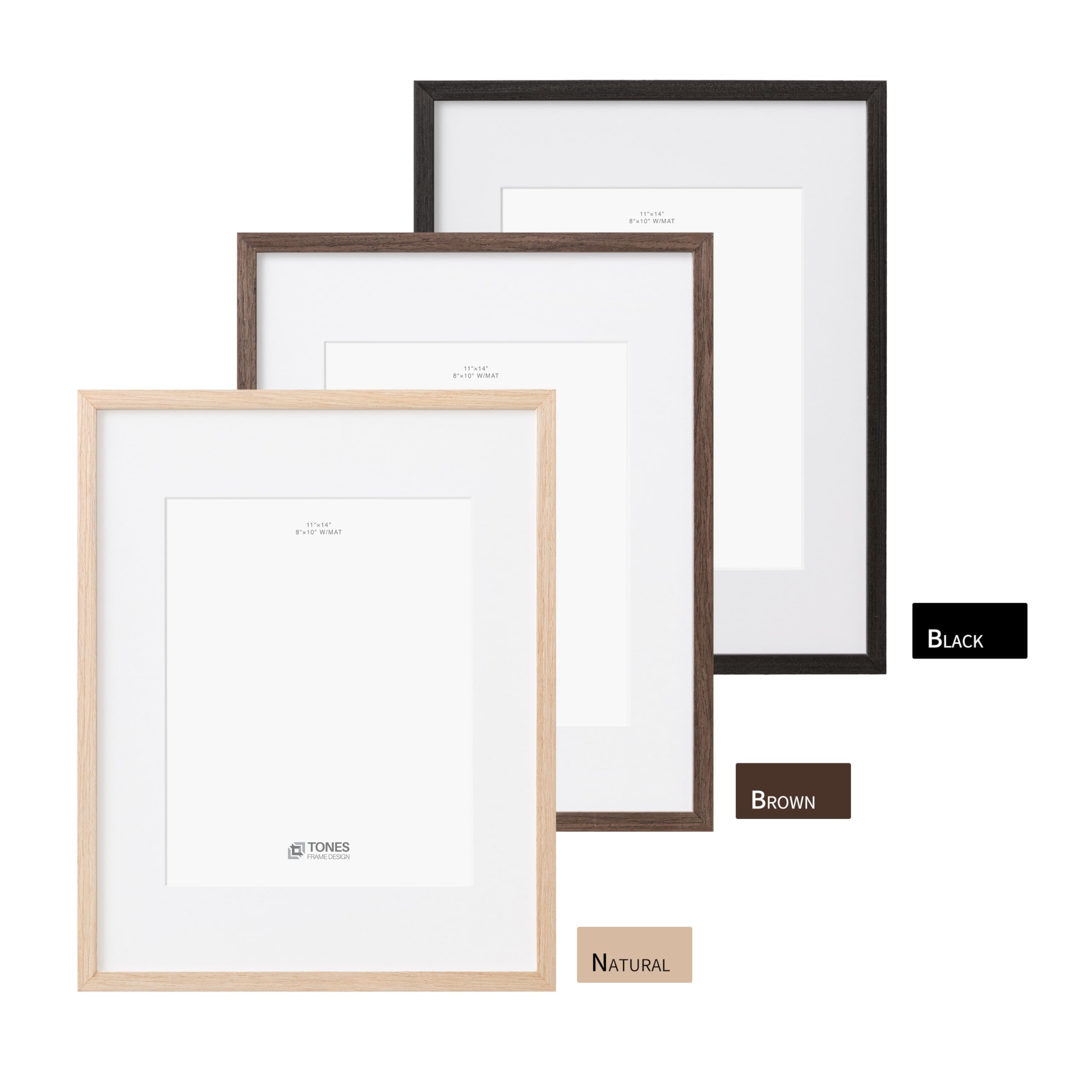 TONES FRAME DESIGN 11x14 Natural Wood Frame with 8x10 Mat, Solid Wood Venner Finish Picture Frame, and Plexiglass Front for Poster Gallery Wall Home Decor