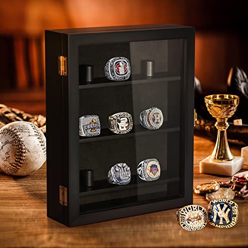 TJ.MOREE Championship Ring Display Case, 9 Ring Posts Baseball Ring Display Case, 8 x 10 Wall Mount Wooden Glass Shadow Box with Locks to Show Sport, Class, Fraternity, and Award Rings - Black