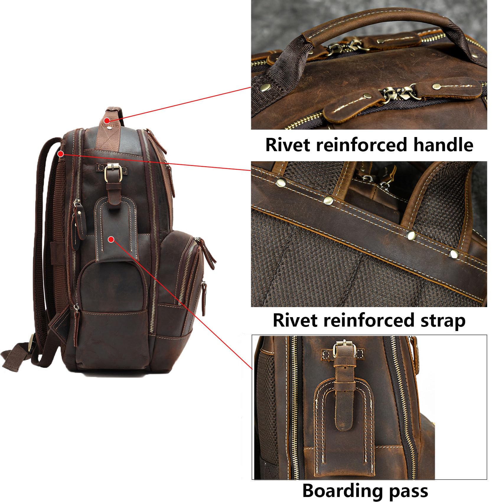 Tenvery Leather Backpack For Men Full Grain Leather Rucksack 15.74" Large Capacity Laptop Business Office Work Bag Travel Camping Bag