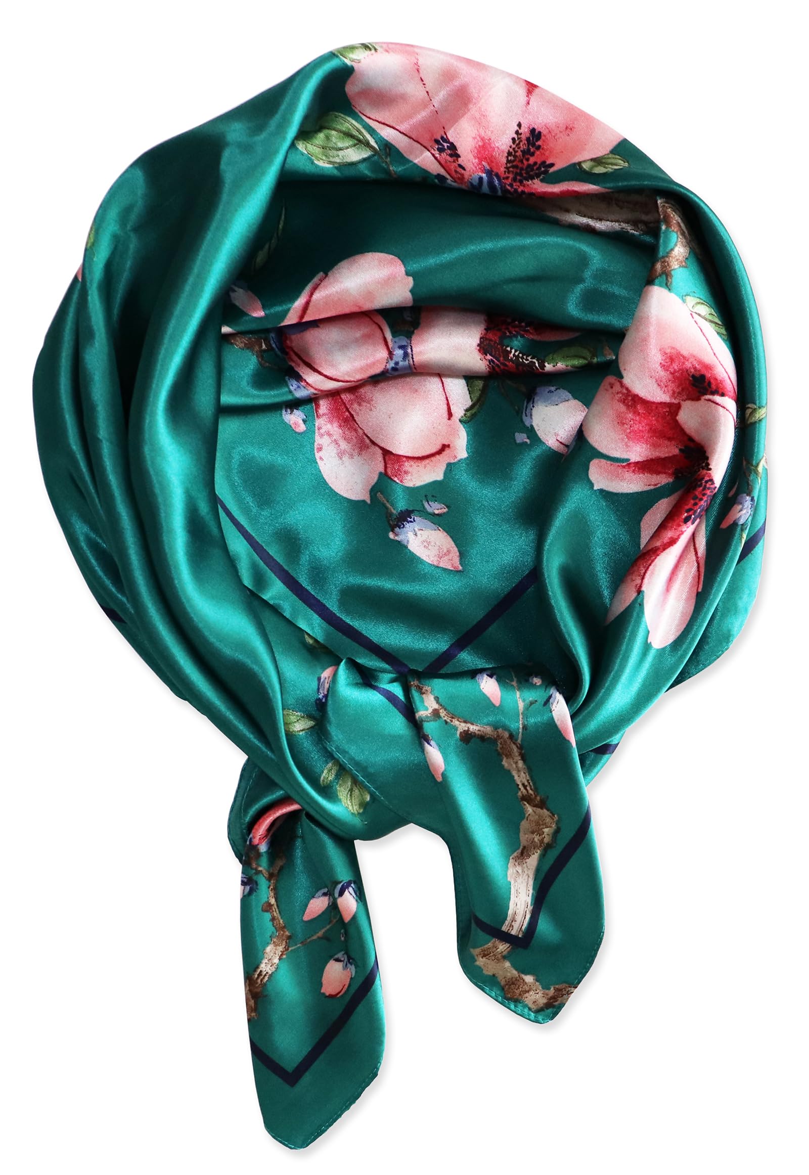 vabovin 35" Fashion Neckerchief Women's Silk Like Big Satin Square Hair Scarf Accessory (Blue Green Flowers)