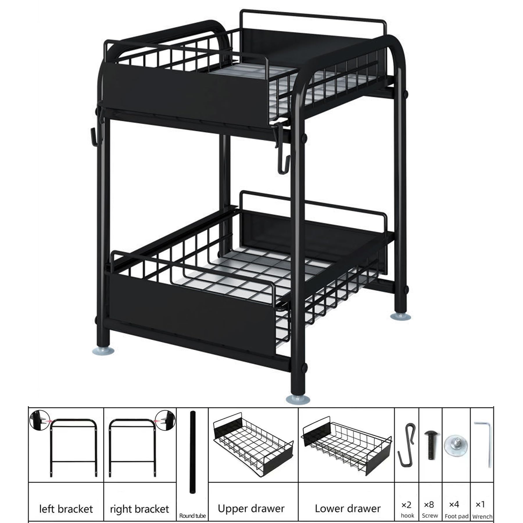 Under Sink Organizers Storage Pull Out Drawers, Metal 2 Tier Slide Out Sink Shelf Cabinet with 2 Drawers, Double Sliding Storage Shelves with Hooks Kitchen Bathroom Black