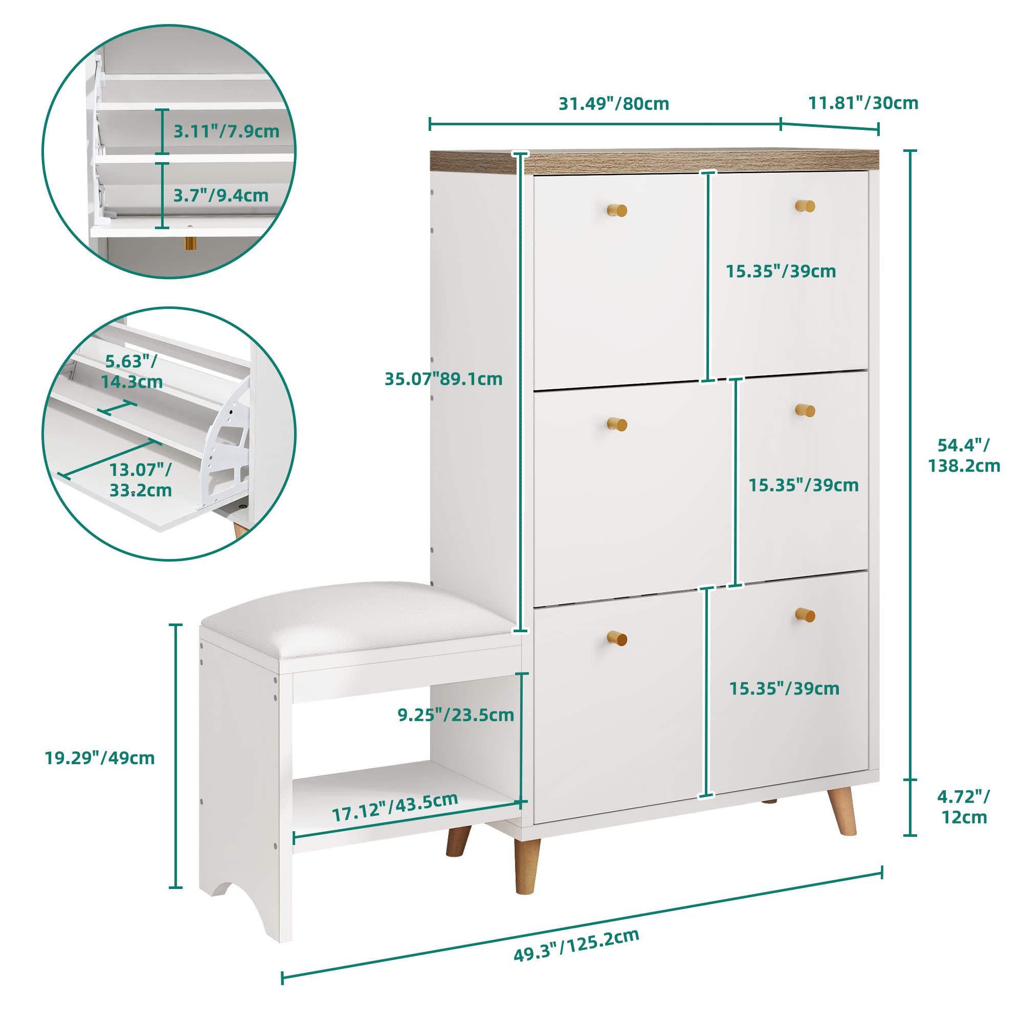 YITAHOME Shoe Cabinet with 3 Flip Drawers, Modern Shoe Storage Cabinet with Shoe Bench for Entryway, Freestanding Hidden Shoe Rack Storage Organizer with Gold Metal Handle, Living Room, White