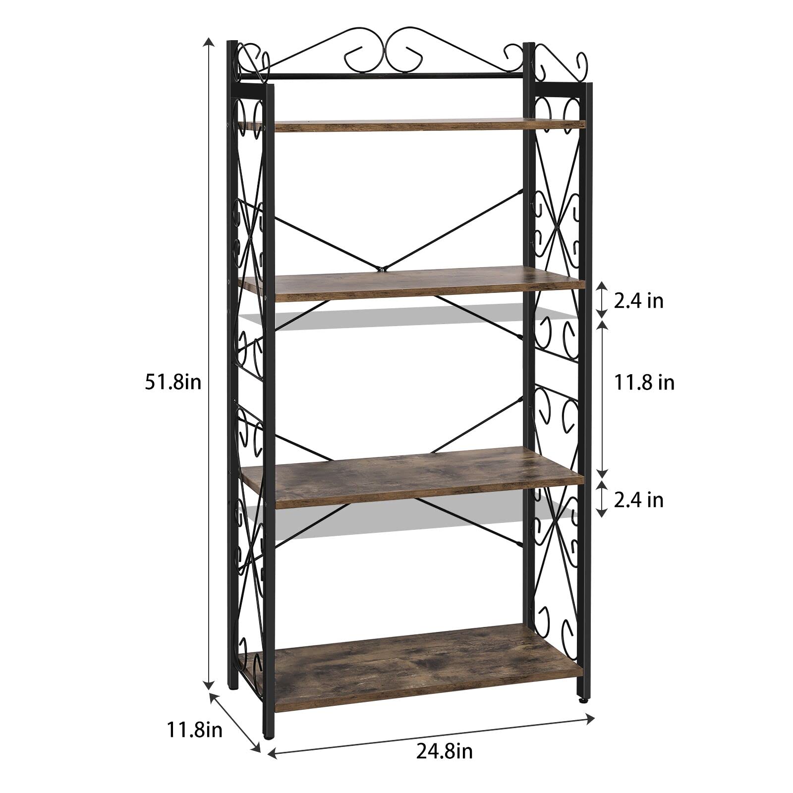X-cosrack 4 Tier Bookcase Book Shelf wtih 2 Middle Adjustable Shelves, Rustic Industrial Standing Vertiacl Book Rack Holder Stand Storage Organizer Shelf for Livingroom Bedroom Study Office Kitchen