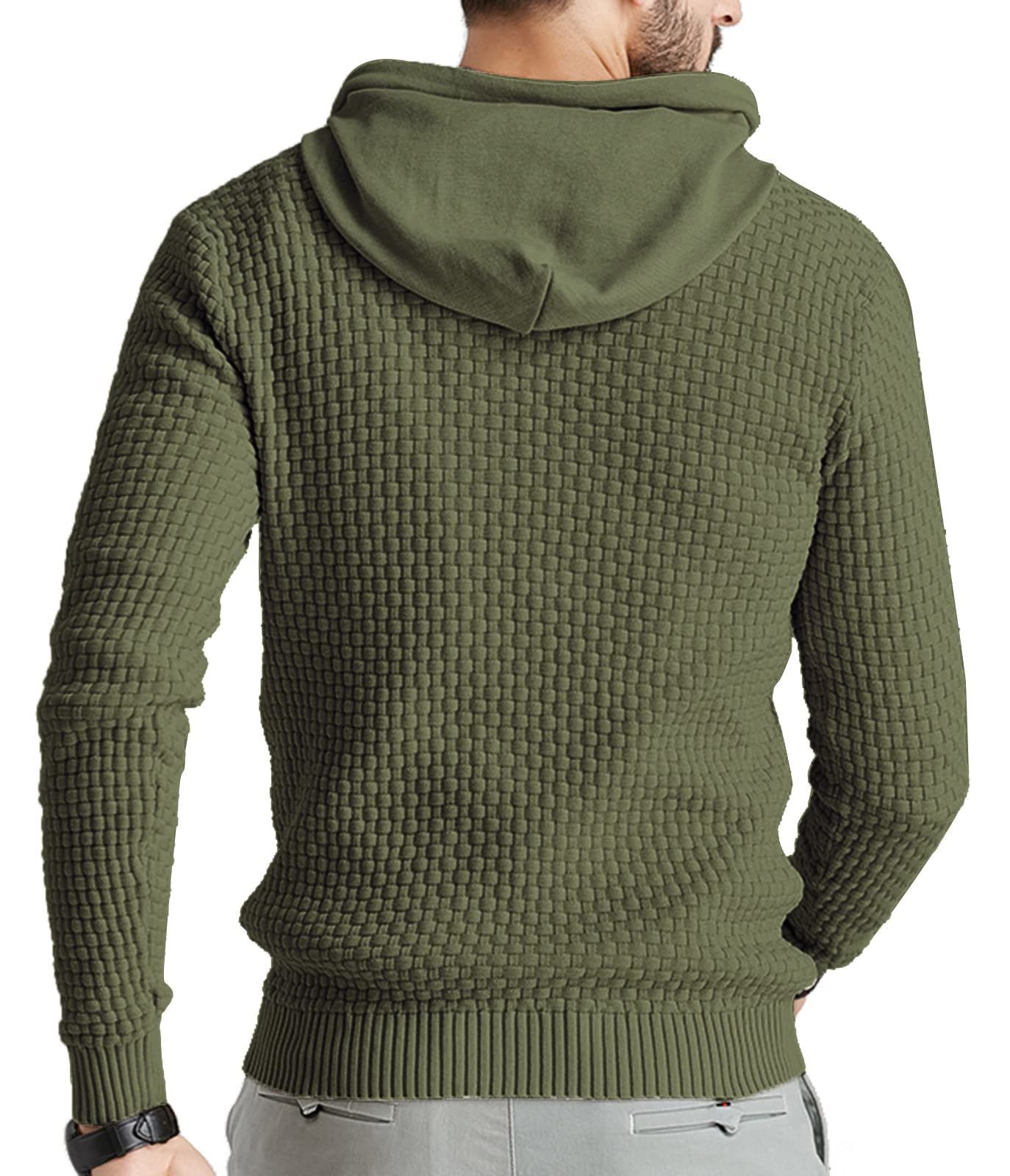 Zaitun Mens Hooded Sweatshirt Long Sleeve Solid Knitted Hoodie Pullover Sweater Army Green
