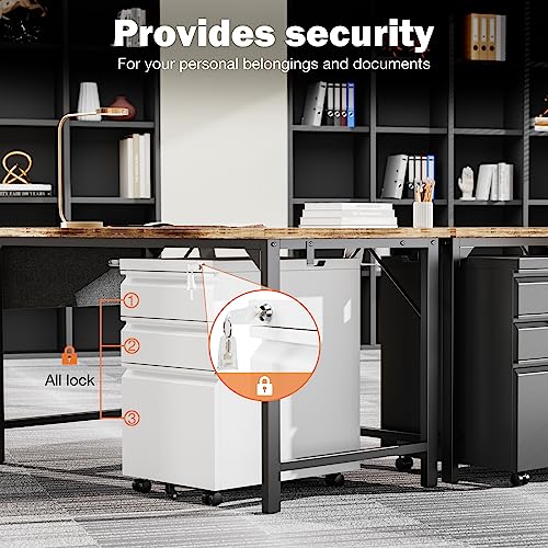 Sweetcrispy 3 Drawer File Cabinet with Lock, Mobile Rolling Under Desk Metal Filing Cabinet, A4/Letter/Legal Pre-Assembled & Wheels Home Office Vertical File Cabinet -White