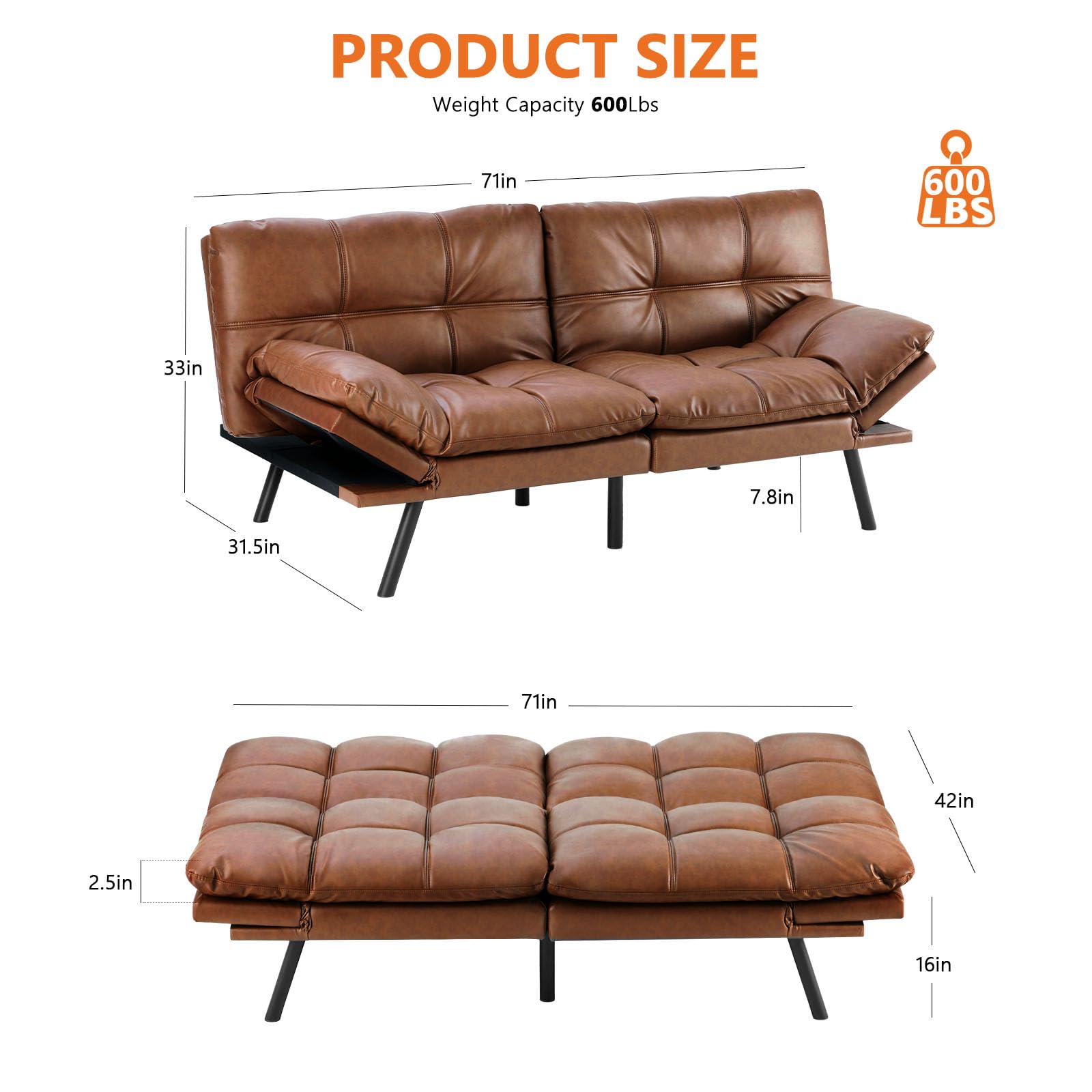 Sweetcrispy Futon Sofa Bed - Leather Sofa Futon Couch, Memory Foam Couch, Convertible Loveseat for Living Room, Leather, Brown