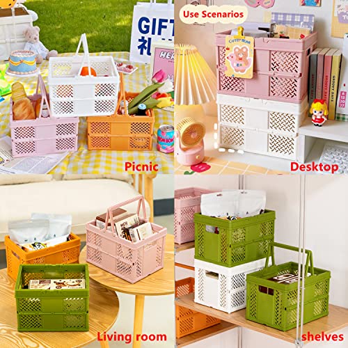 Xhwykzz 4-Pack Plastic Baskets with Handle, Folding Pastel Crates for storage, Storage Basket for kitchen living-room Desktop Shelf Organizer (9.2""L x 6.8""W x 6.1"")