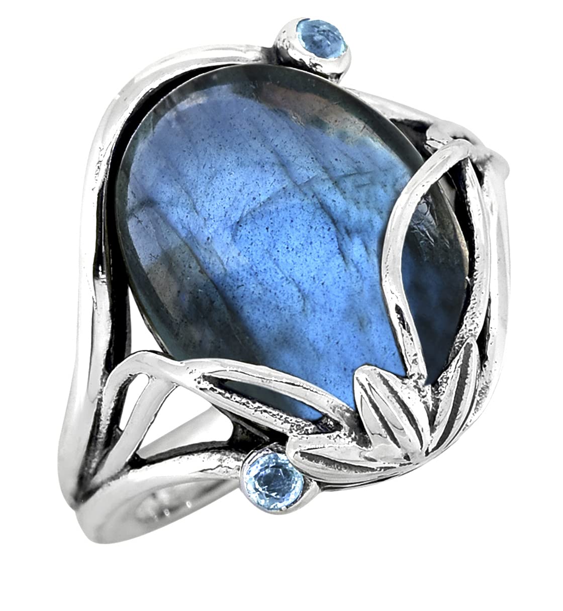 YoTreasure 12x16 MM Labradorite & Swiss Blue Topaz Solid 925 Sterling Silver Designer Ring